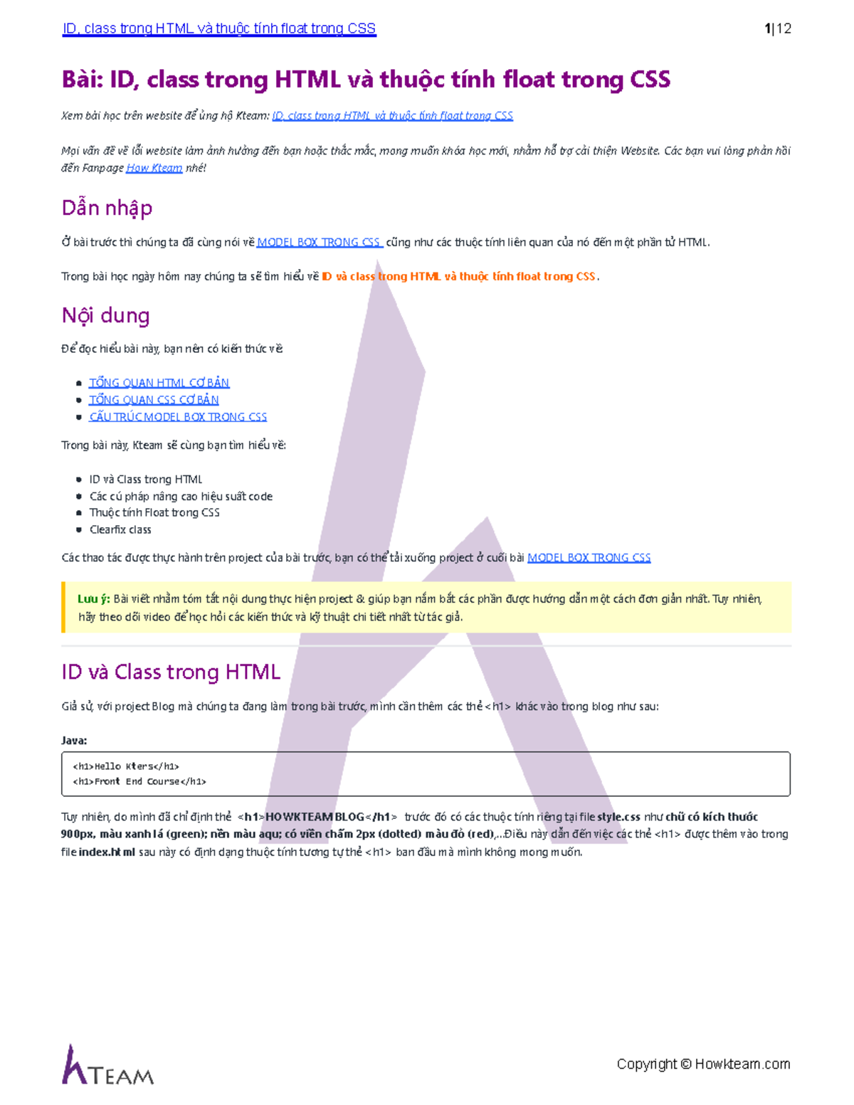 Howkteam.VN - ID, class trong HTML và thuộc tính float trong CSS - Bài: ID, class trong HTML và ...
