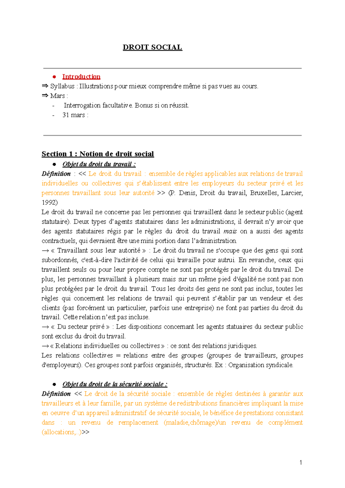 Synthèse de droit social - DROIT SOCIAL Introduction ⇒ Syllabus ...