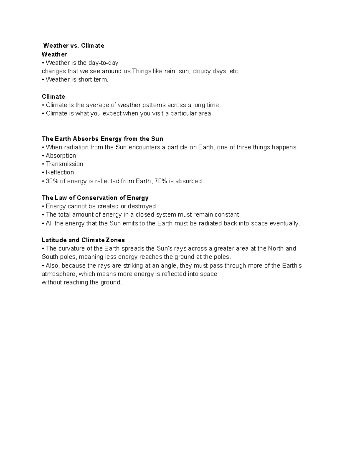 Climate unit study sheet - Weather vs. Climate Weather Weather is the ...