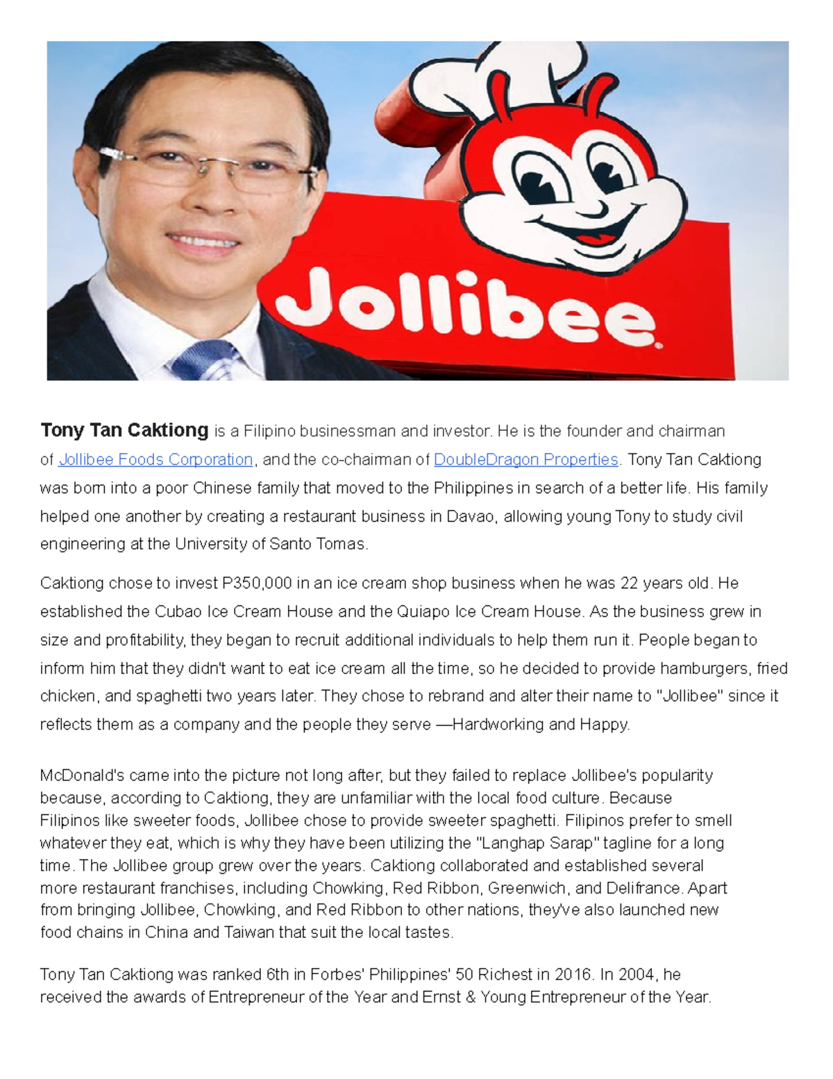 Tony Tan Caktiong is a Filipino businessman and investor - He is the ...