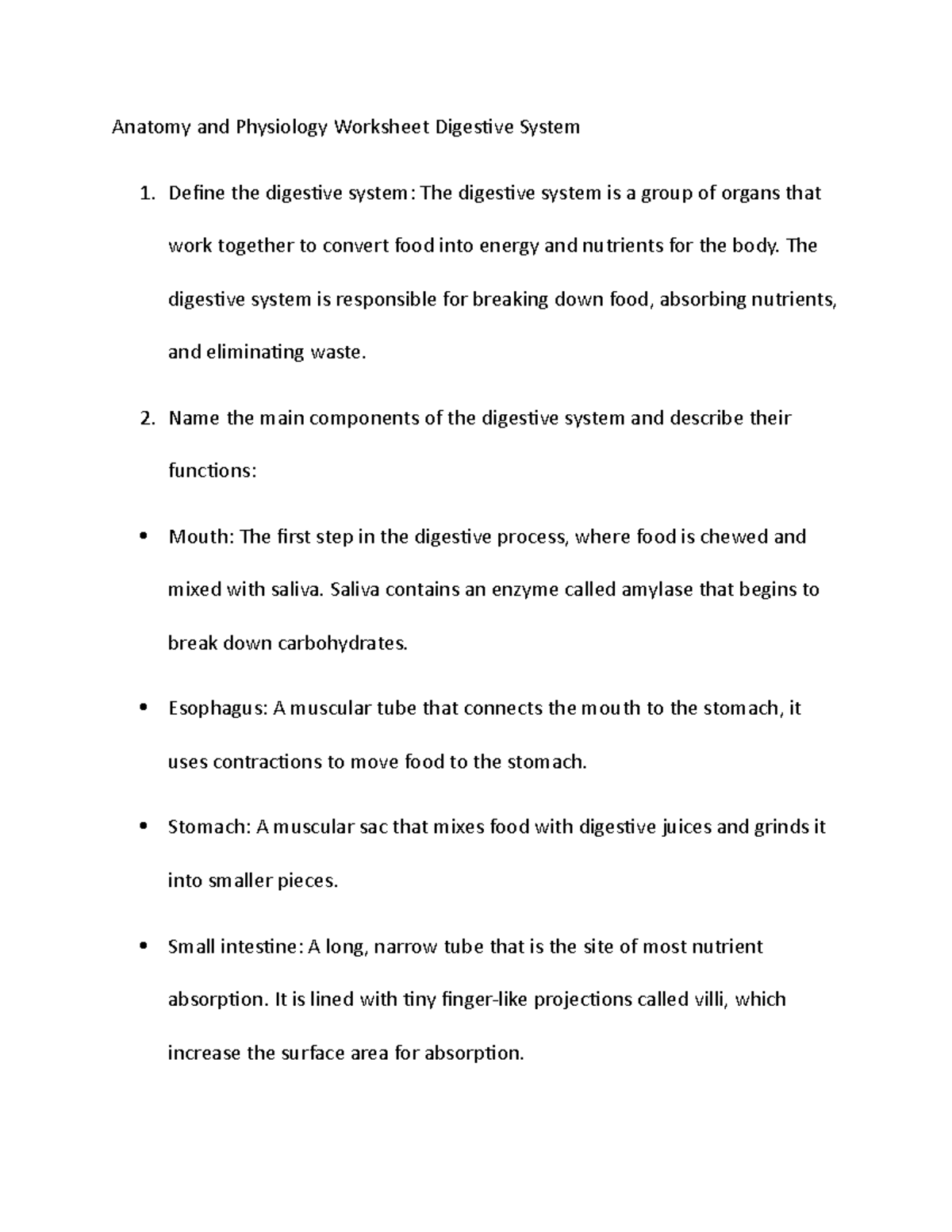 Anatomy and Physiology Worksheet Digestive System - The digestive ...