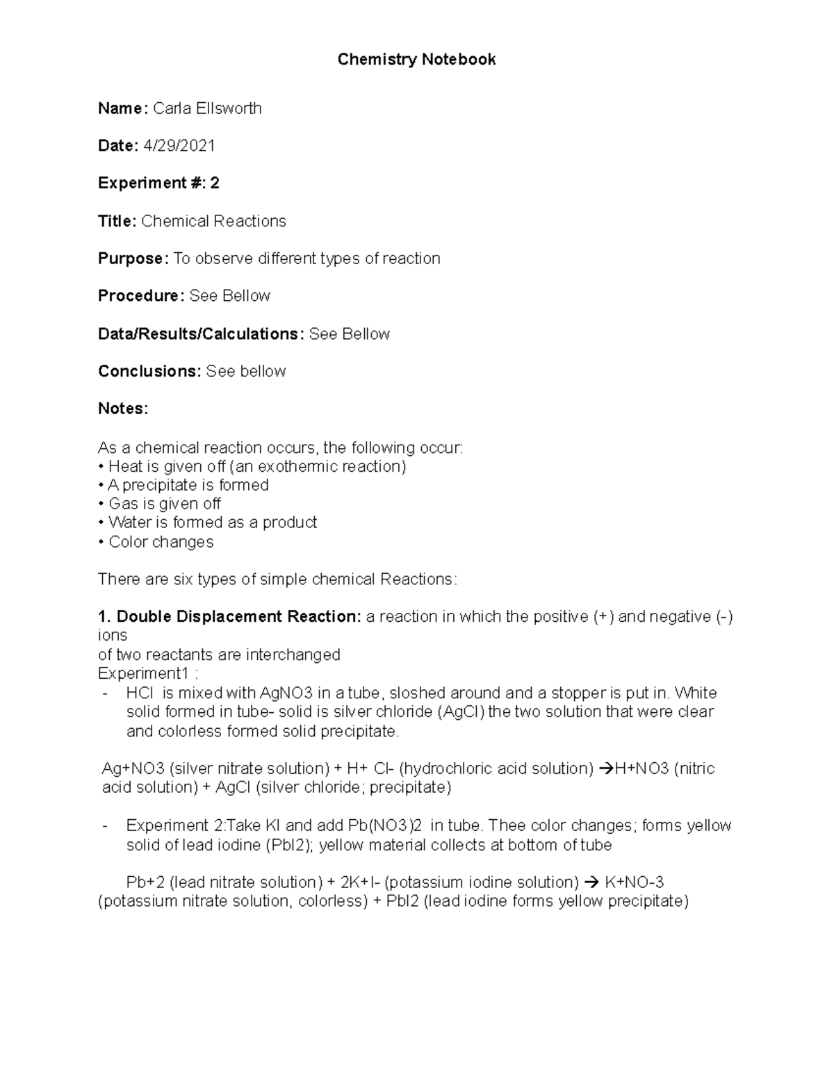 Chemistry Notebook Lab2 Ellsworth C - Name: Carla Ellsworth Date: 4/29 ...