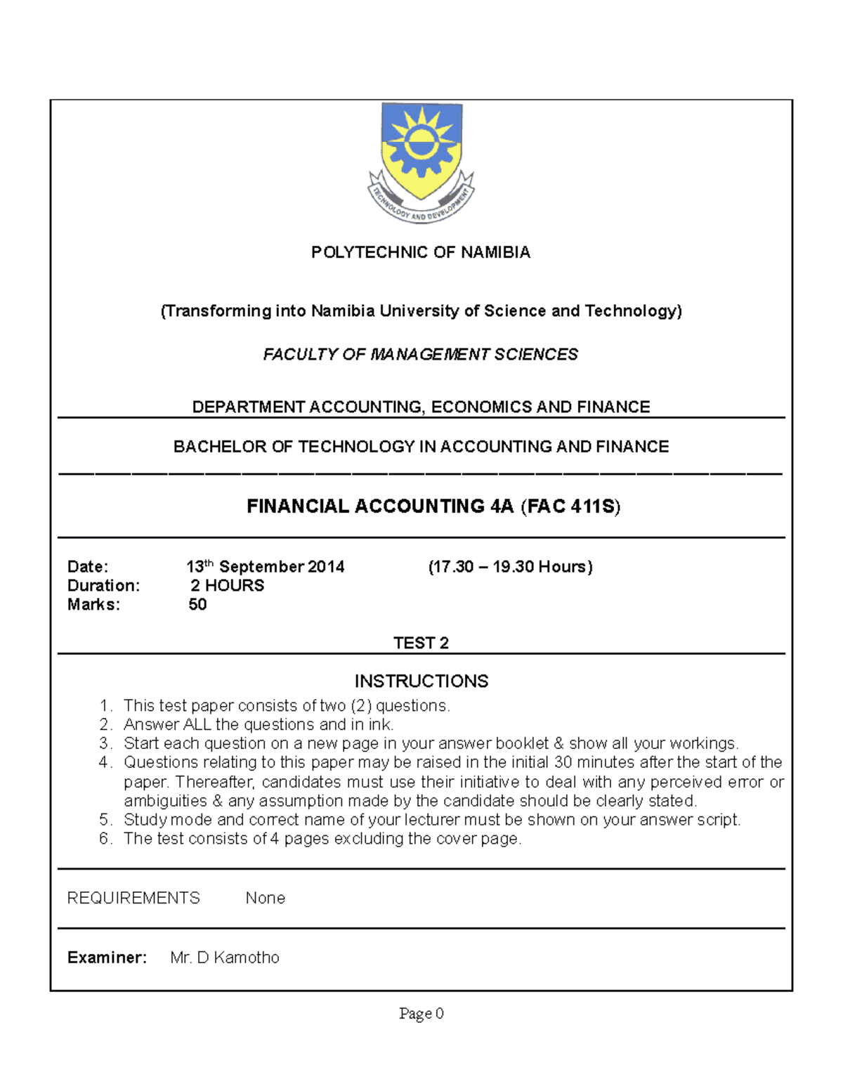 FAC 411S TEST 2 - 2014 Semester 2 - POLYTECHNIC OF NAMIBIA ...