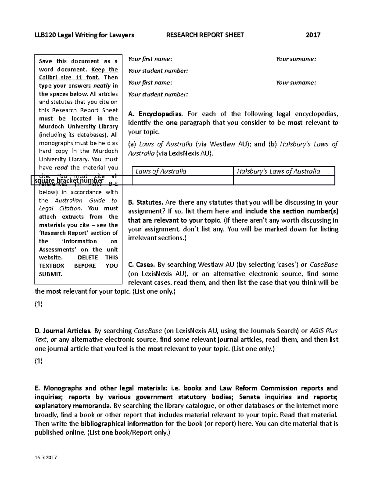 LLB120 Research Report Sheet s2 2017 - LLB120 Legal Writing for Lawyers ...