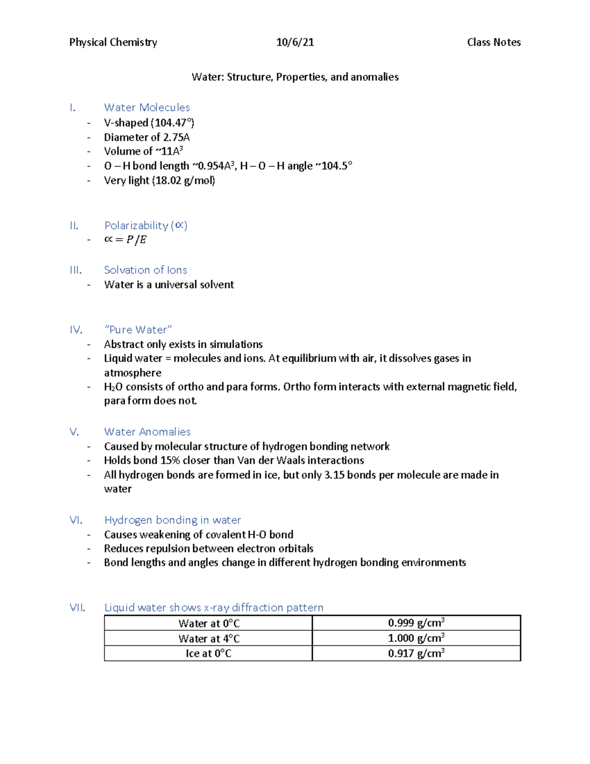 Phys Chem Notes 2 - Physical Chemistry 10/6/21 Class Notes Water ...