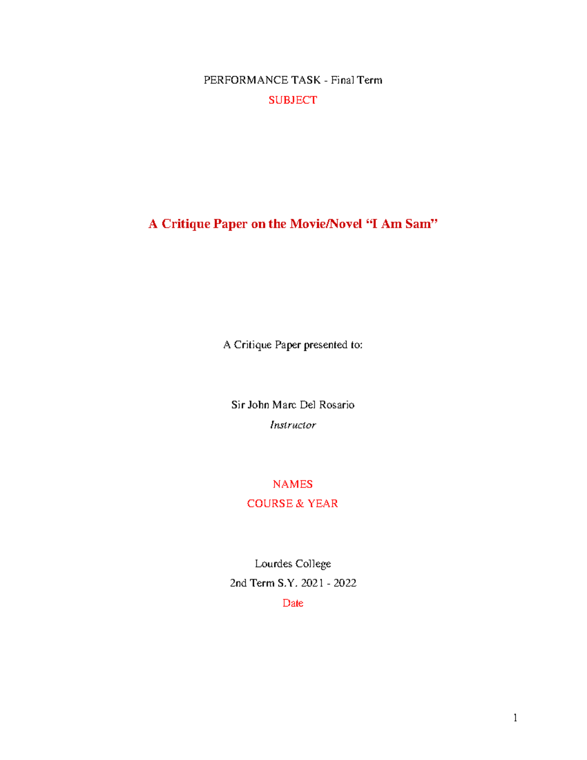 Sample Movie or Novel Review - PERFORMANCE TASK - Final Term SUBJECT A ...