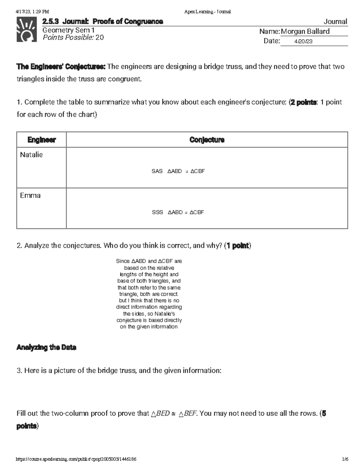 Apex Learning - Journal - 2.5 Journal: Proofs of Congruence Journal Geometry Sem 1 Points ...