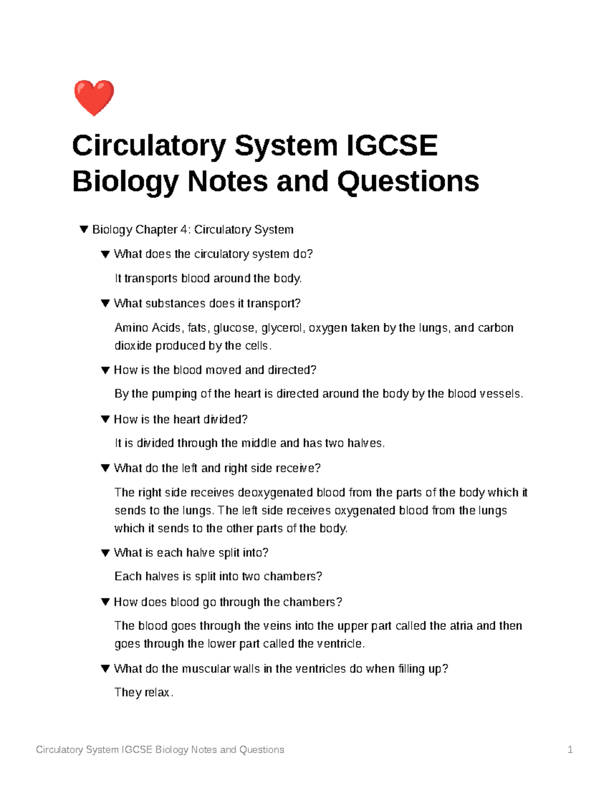 Circulatory System Igcse Biology Notes and Questions - Circulatory ...