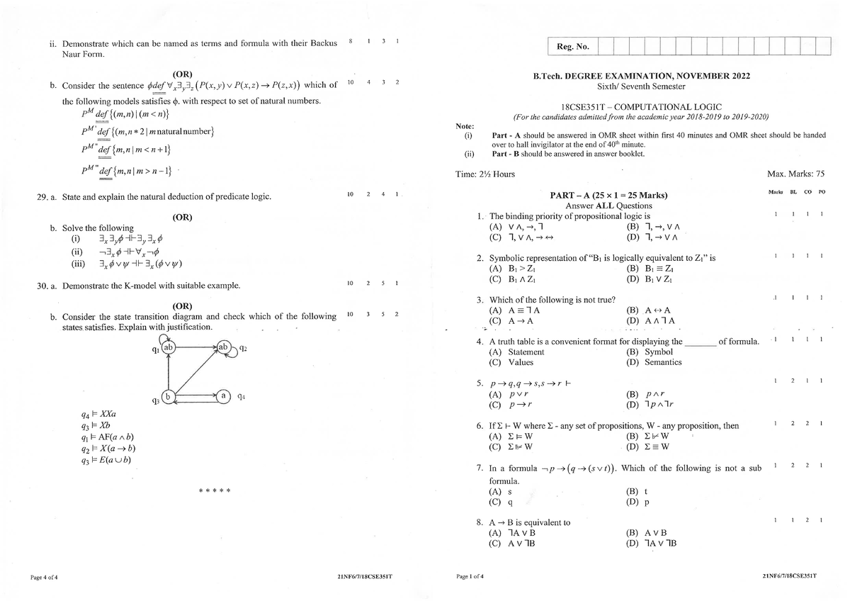 18CSE351T 21.11.2022 FN - Computational Logic - Studocu