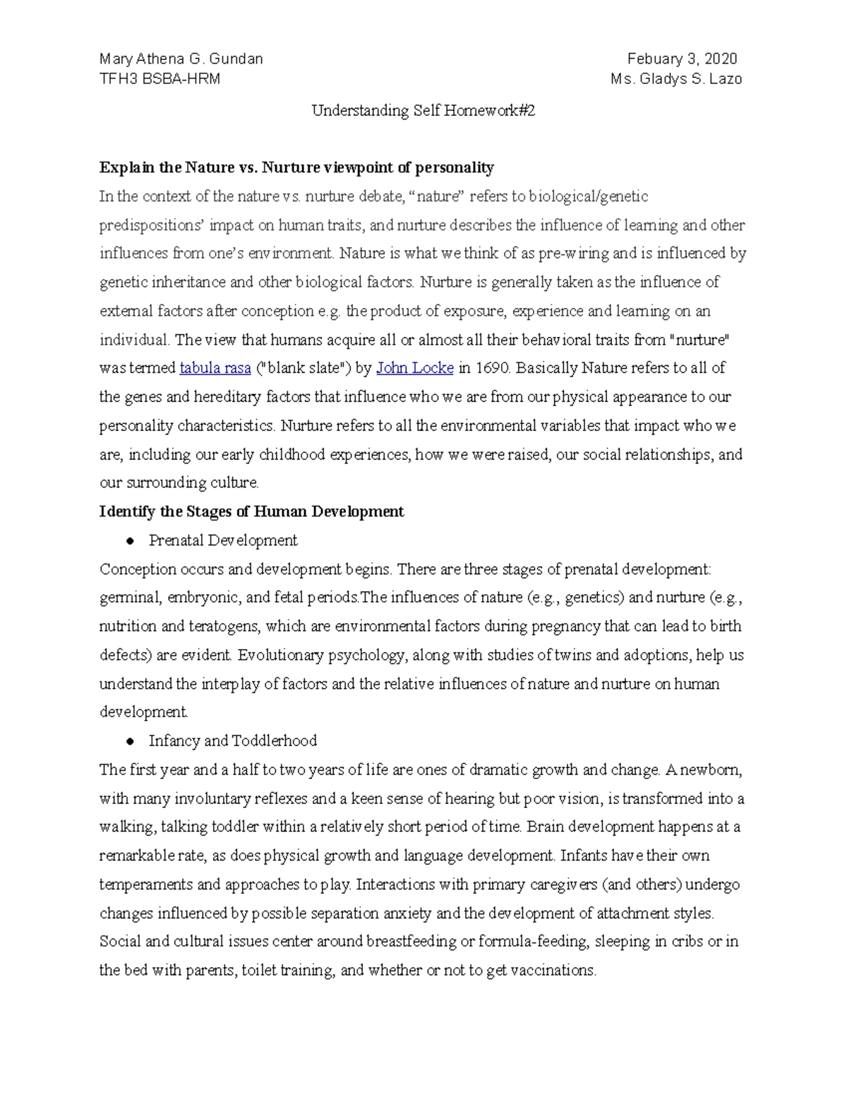 Undself HW#2 - Psychology about oneself - TFH3 BSBA-HRM Ms. Gladys S ...