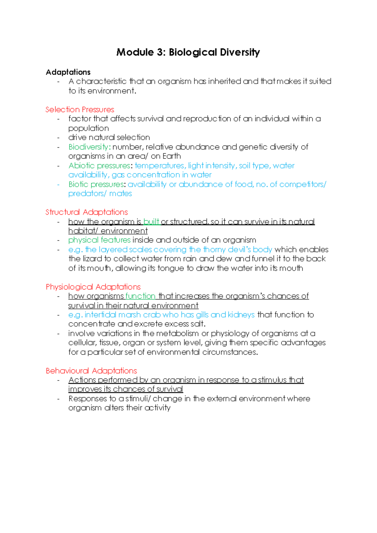 Mod 3 summarries - Module 3: Biological Diversity Adaptations - A ...
