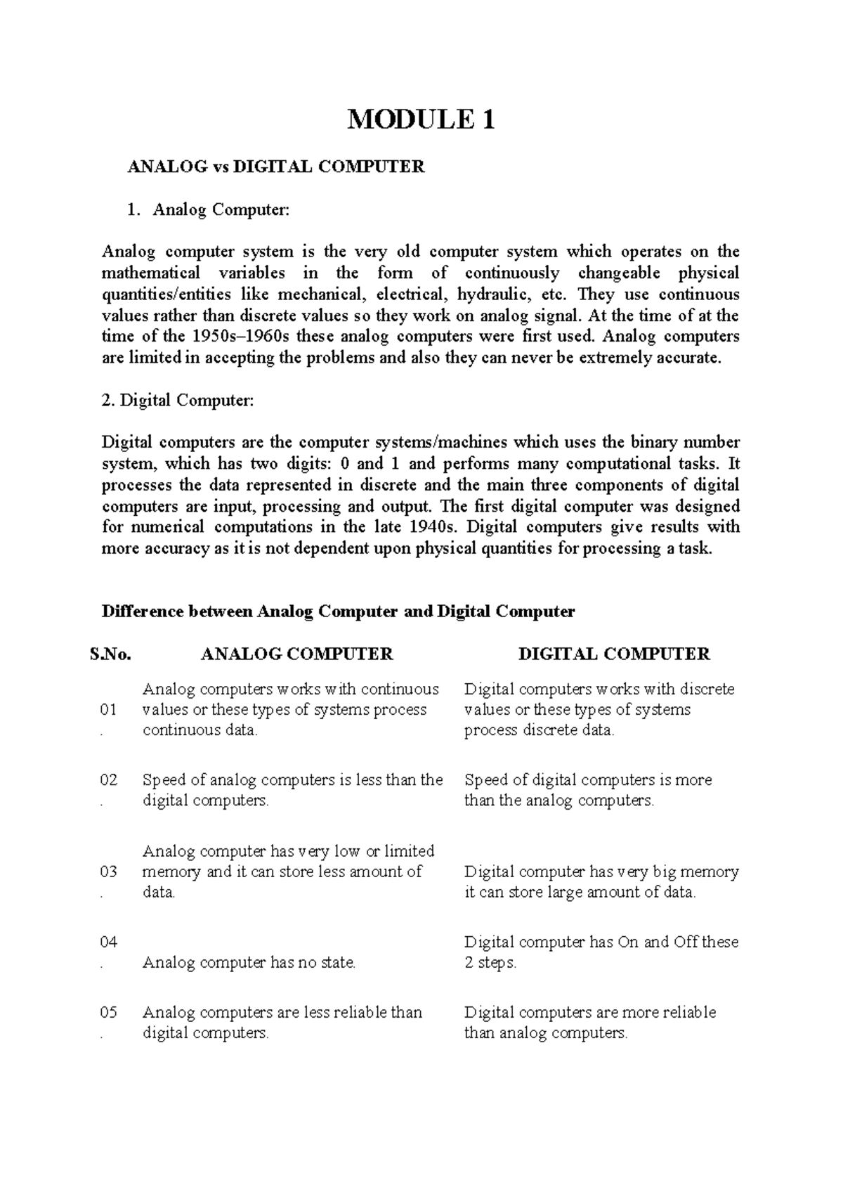 Module 1 - Computer Fundamentals - MODULE 1 ANALOG vs DIGITAL COMPUTER 1. Analog Computer ...