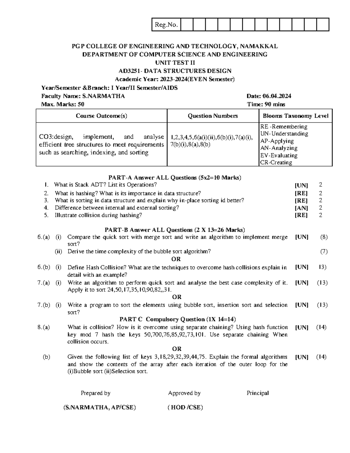Unit Test 2 Question Paper Reg Pgp College Of Engineering And Technology Namakkal 