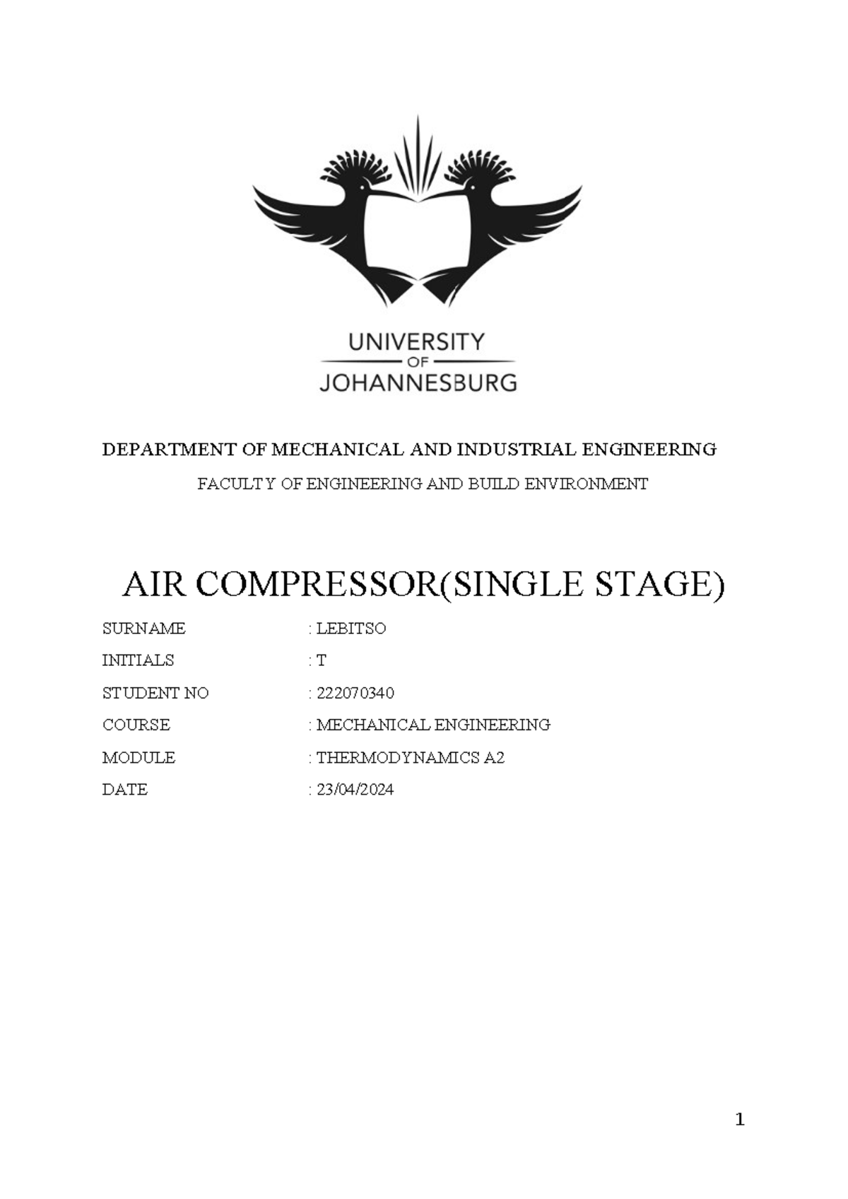 Air Compression lab Report - DEPARTMENT OF MECHANICAL AND INDUSTRIAL ...