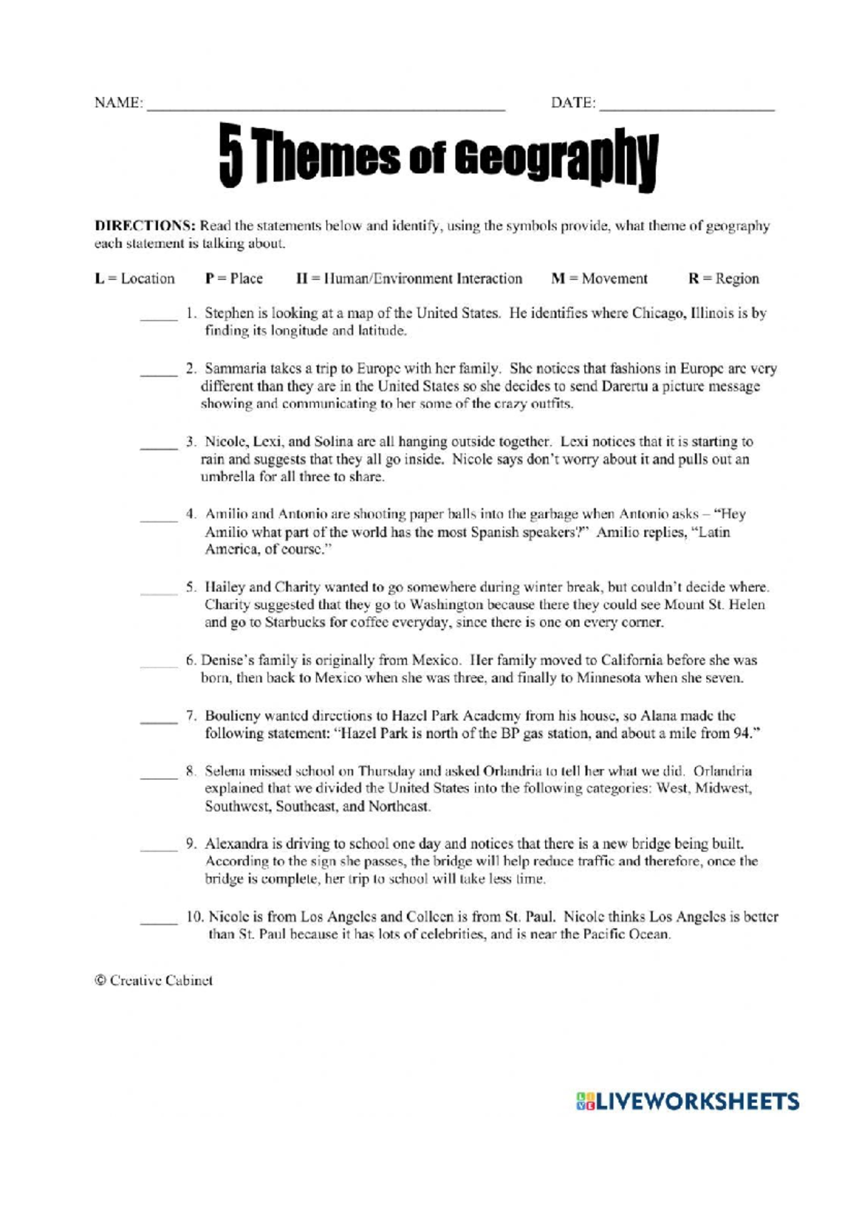 Document (12) - N/A - NAME: DATE: 5 Themes of Geography DIRECTIONS ...