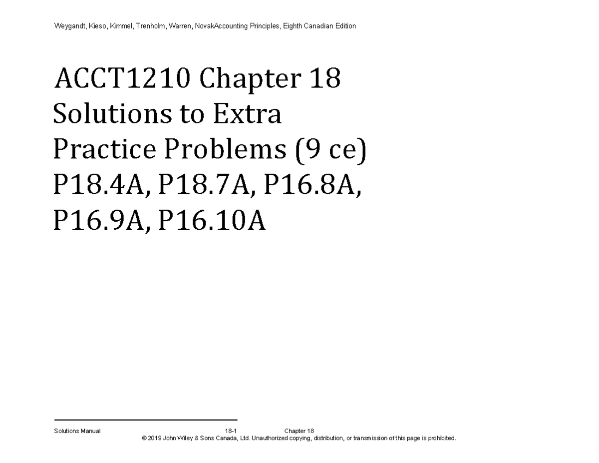 ACCT1210 Chapter 18 Solutions to Extra Practice Problems 9ce - Solutions Manual 18-1 Chapter 18 ...