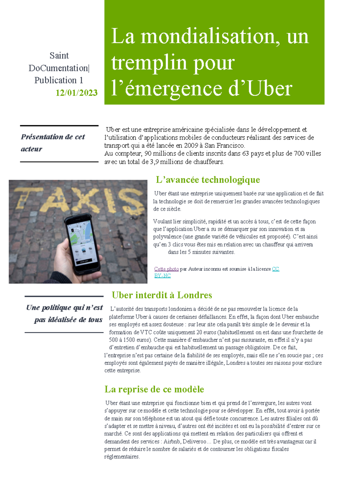Article de presse - Exercice sur l'uberisation - Uber est une ...