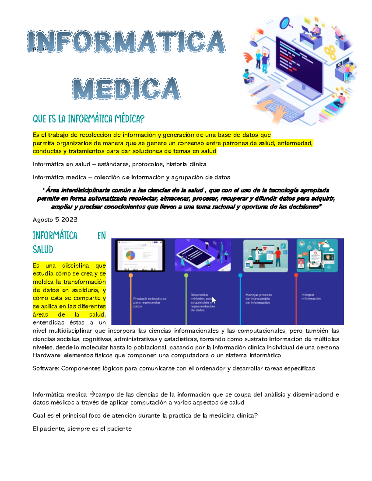 Informatica médica modulo 1 - poiiuuii Es el trabajo de recolección de información y generación ...