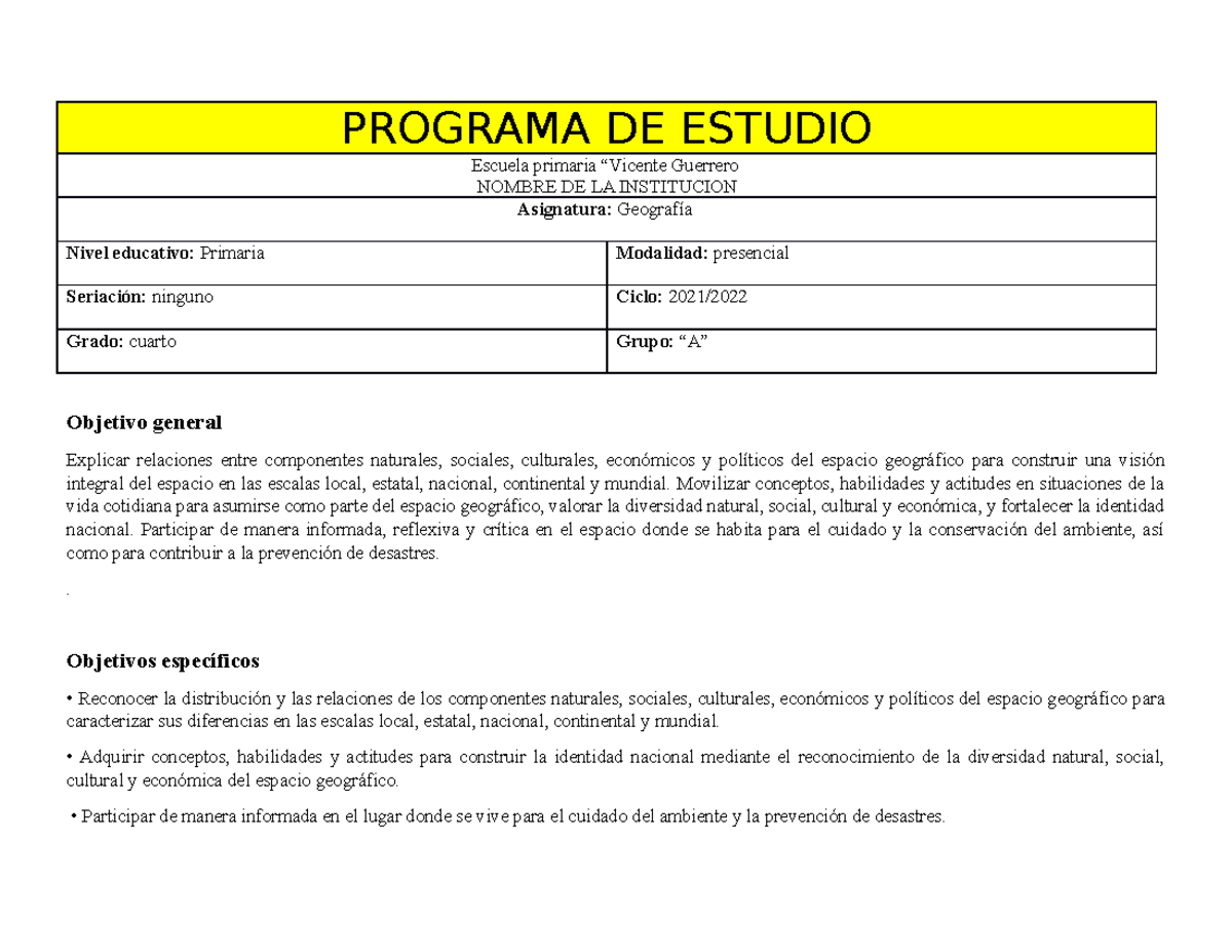 Programa DE Estudio - trabajo de un materia en particular - PROGRAMA DE ...