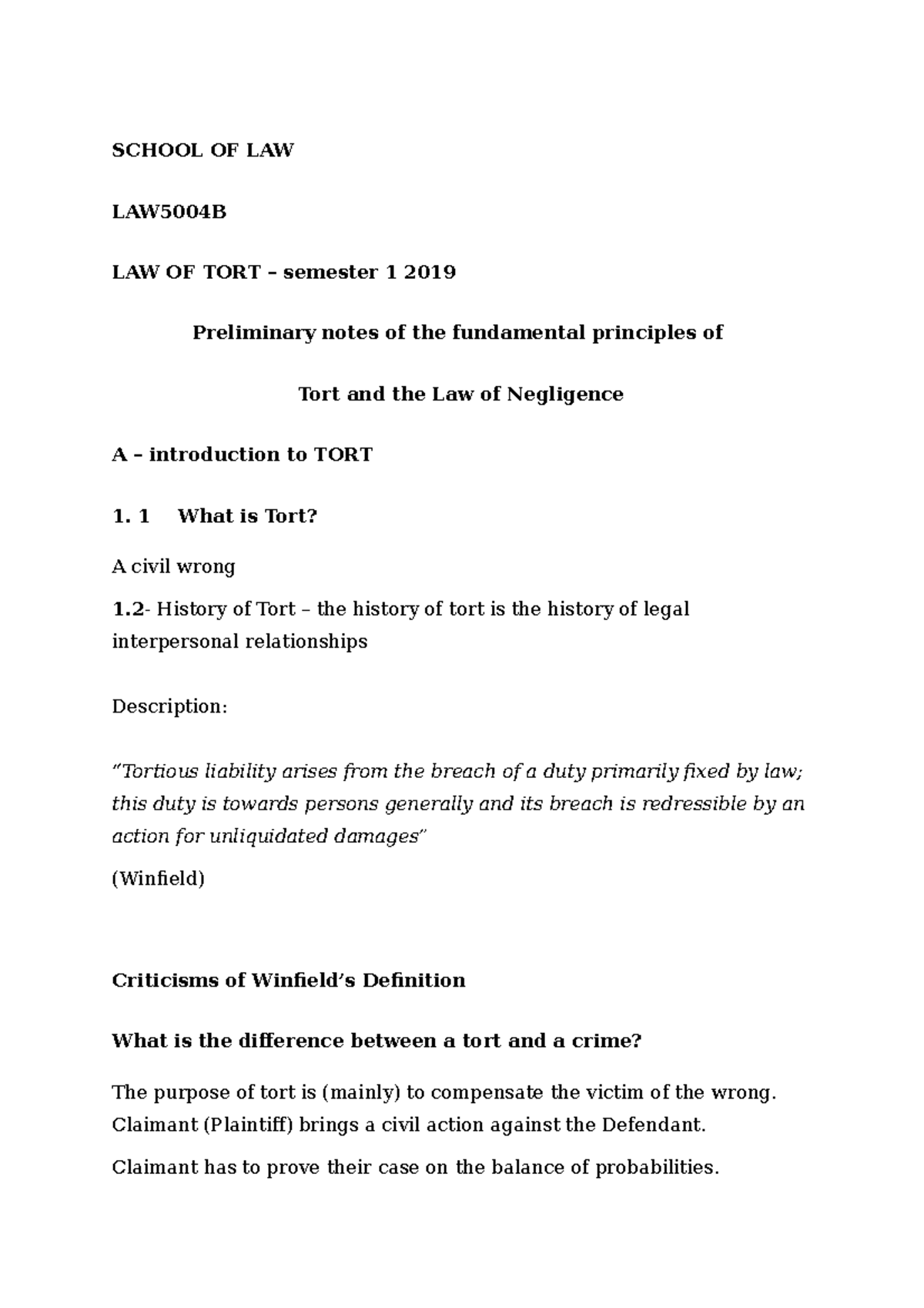 Tort law intro - Lecture notes 2 - SCHOOL OF LAW LAW5004B LAW OF TORT ...