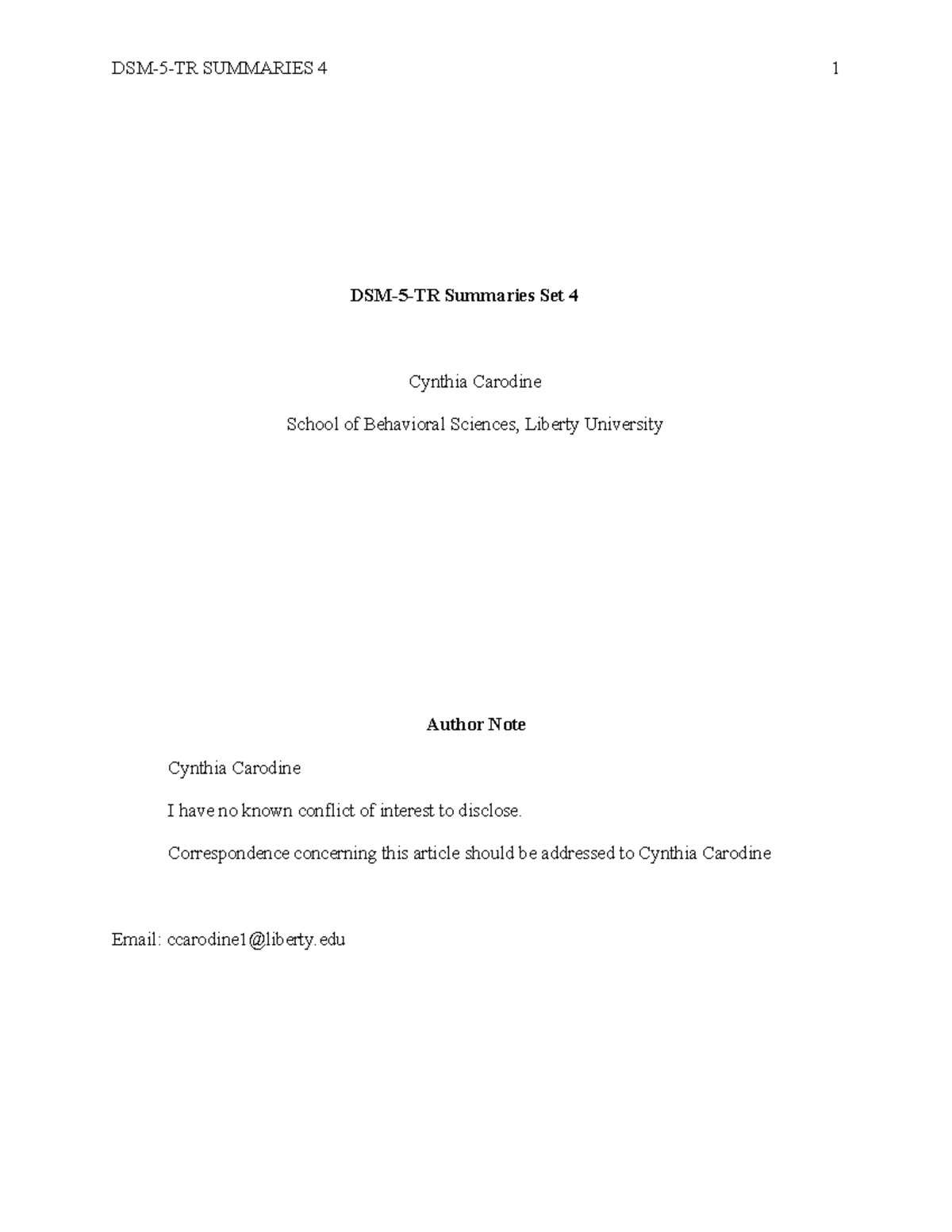 DSMSummaries 4 - the set 4 of summaries - DSM-5-TR Summaries Set 4 Cynthia Carodine School of ...