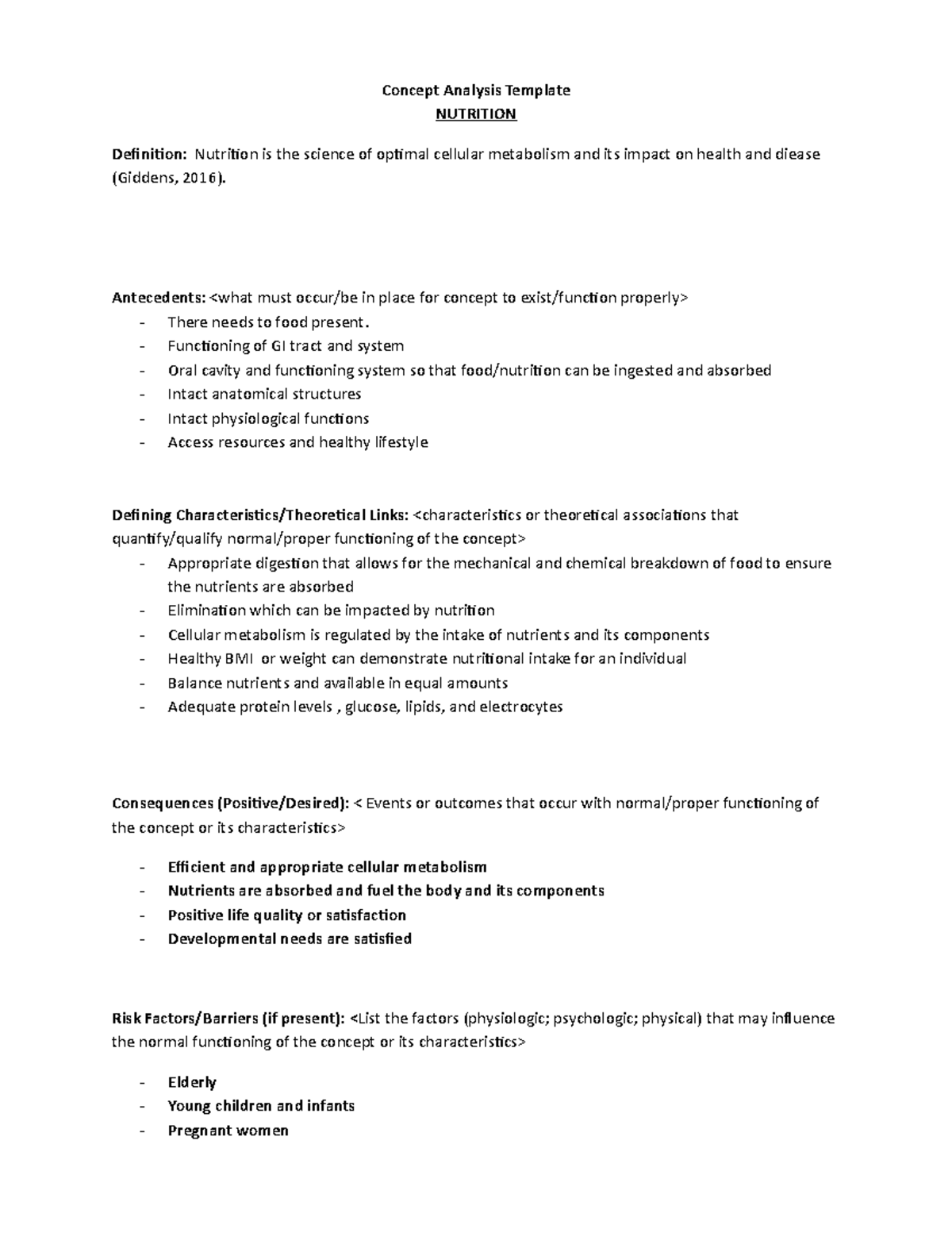 Nutrition CA - Concept Analysis Template NUTRITION Definition ...