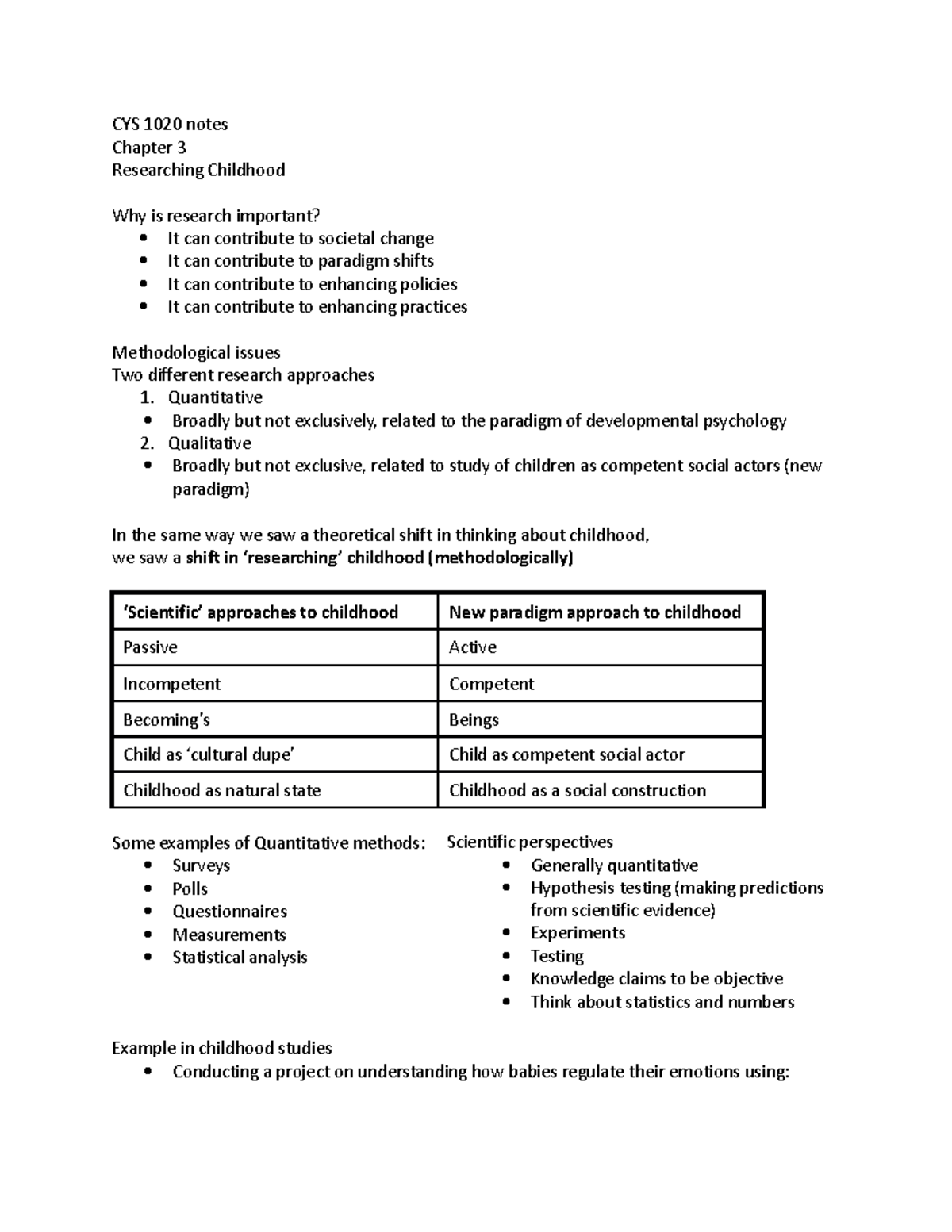 Cys chapter 3 notes - CYS 1020 notes Chapter 3 Researching Childhood ...