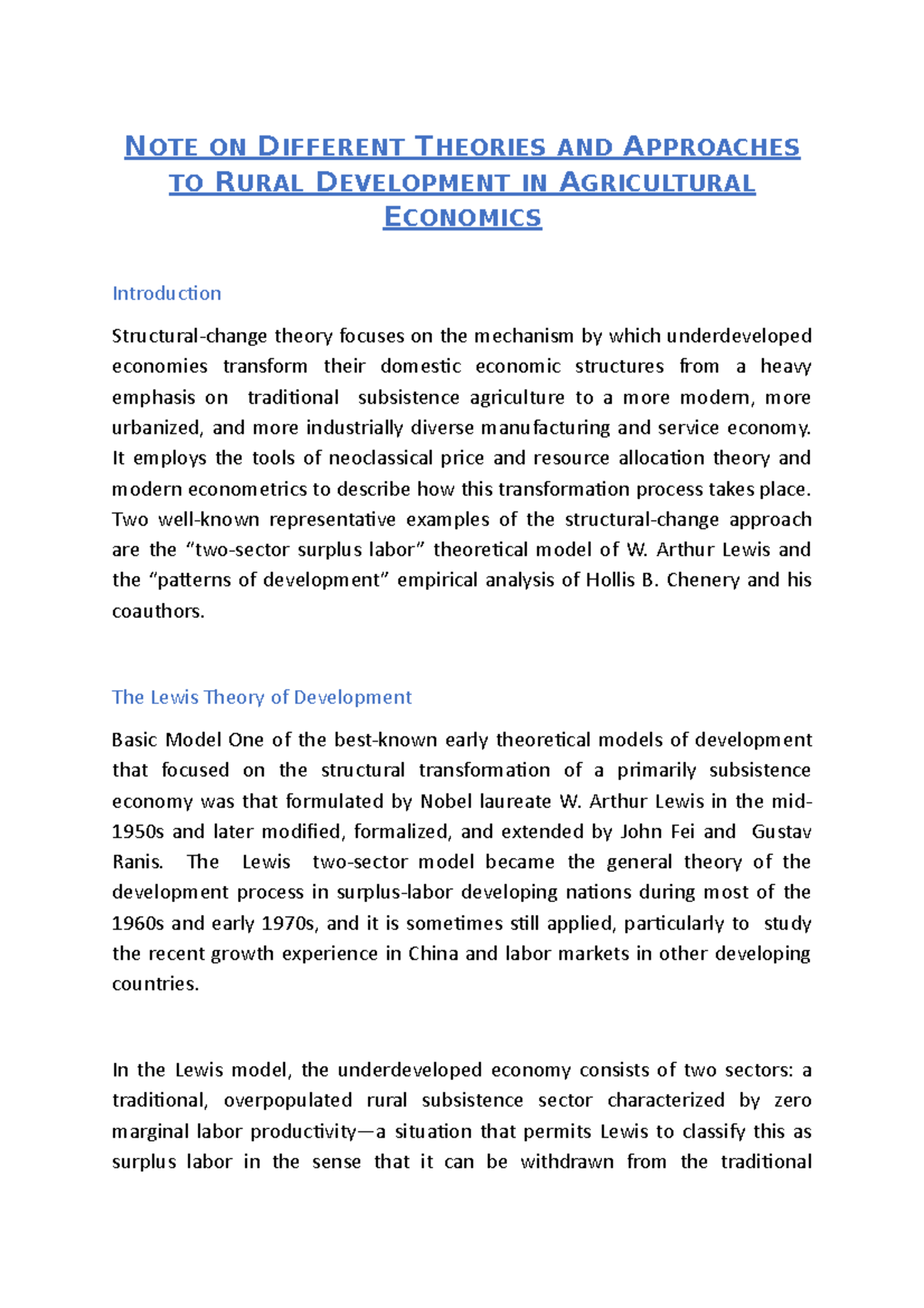 NOTE ON Different Theories AND Approaches TO Rural Development IN ...