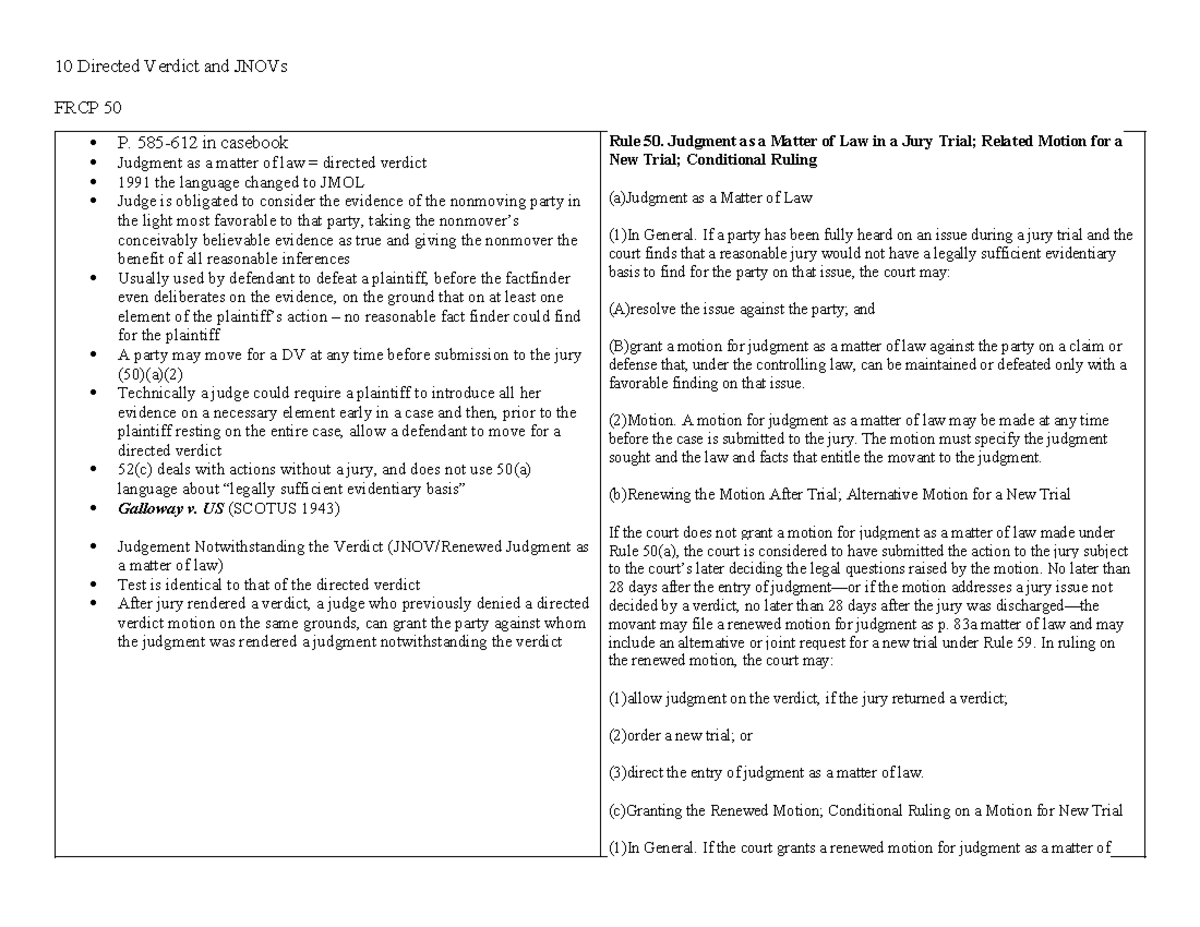 Directed Verdict and JNOVs - 585-612 in casebook Judgment as a matter ...
