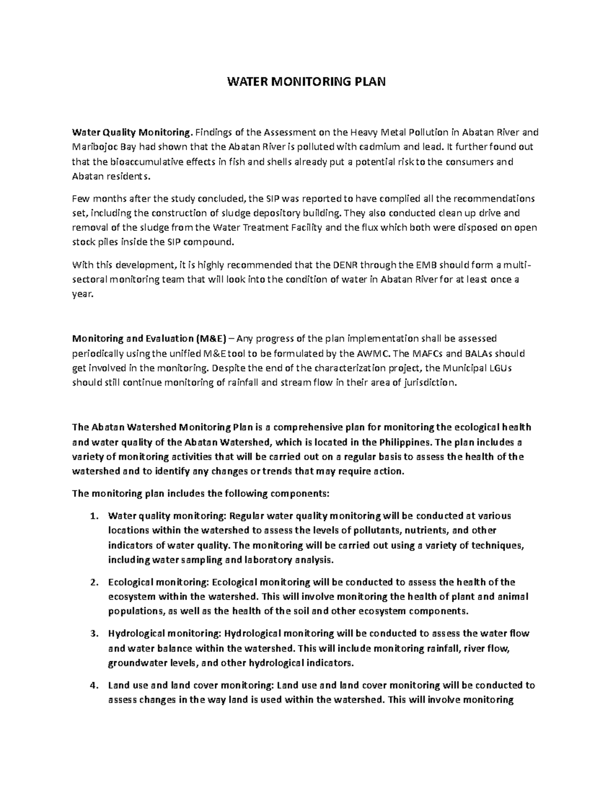 Water- Monitoring-PLAN - WATER MONITORING PLAN Water Quality Monitoring ...
