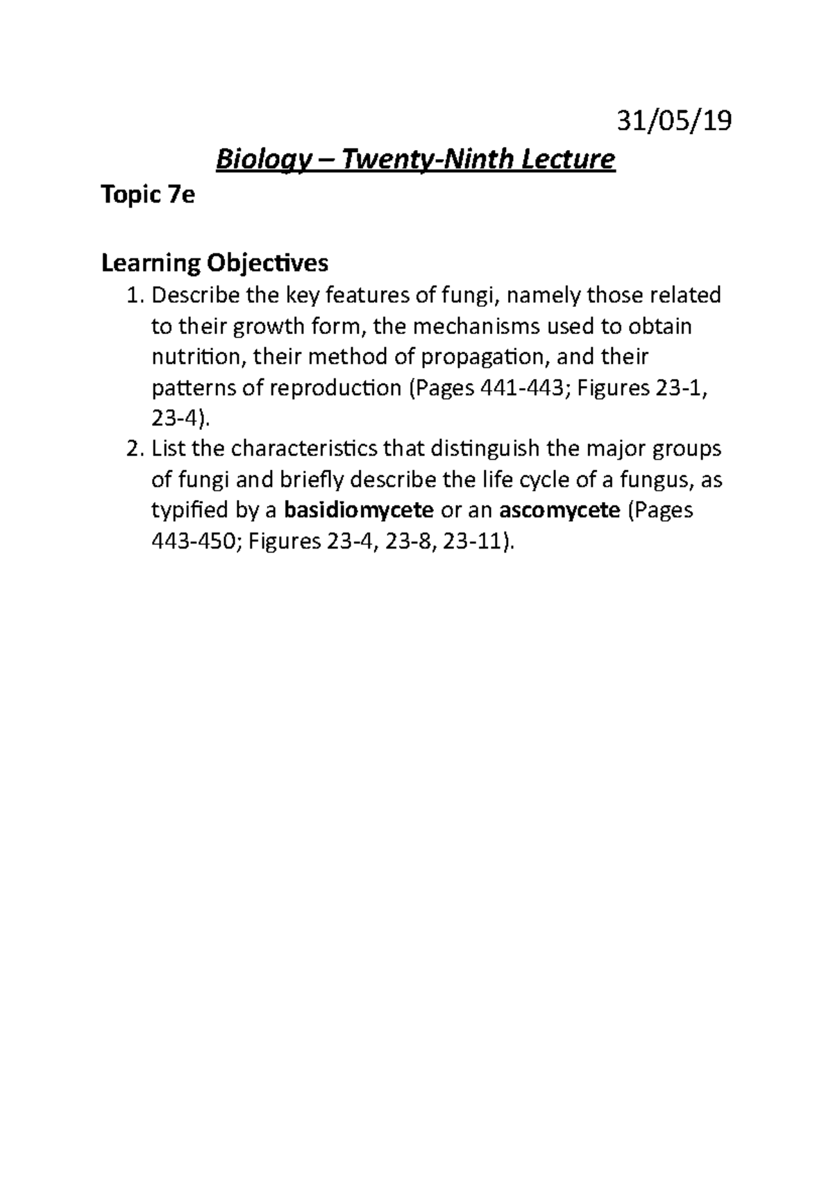 Bio Twenty-Ninth Lecture - 31/05/ Biology – Twenty-Ninth Lecture Topic ...
