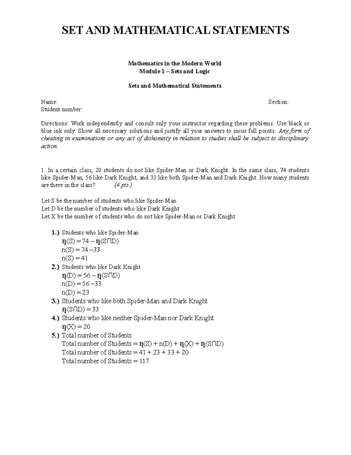 Math in the Modern World Answer - SET AND MATHEMATICAL STATEMENTS ...