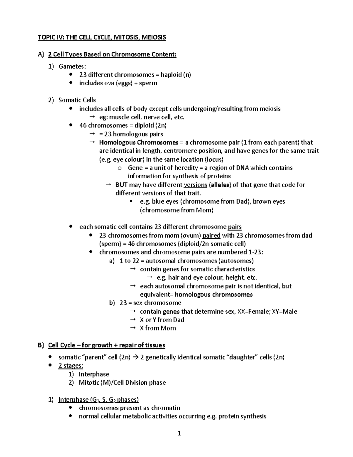 4 - Topic IV - THE CELL Cycle, Mitosis, Meiosis - TOPIC IV: THE CELL ...