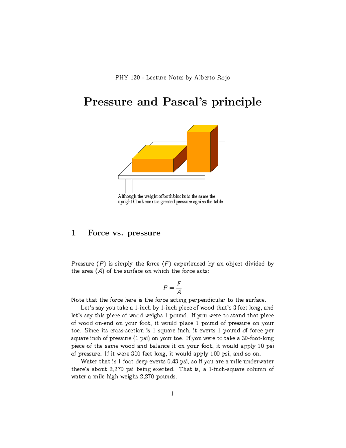 Pressure - Lecture notes 3 - PHY 120 - Lecture Notes by Alberto Rojo ...