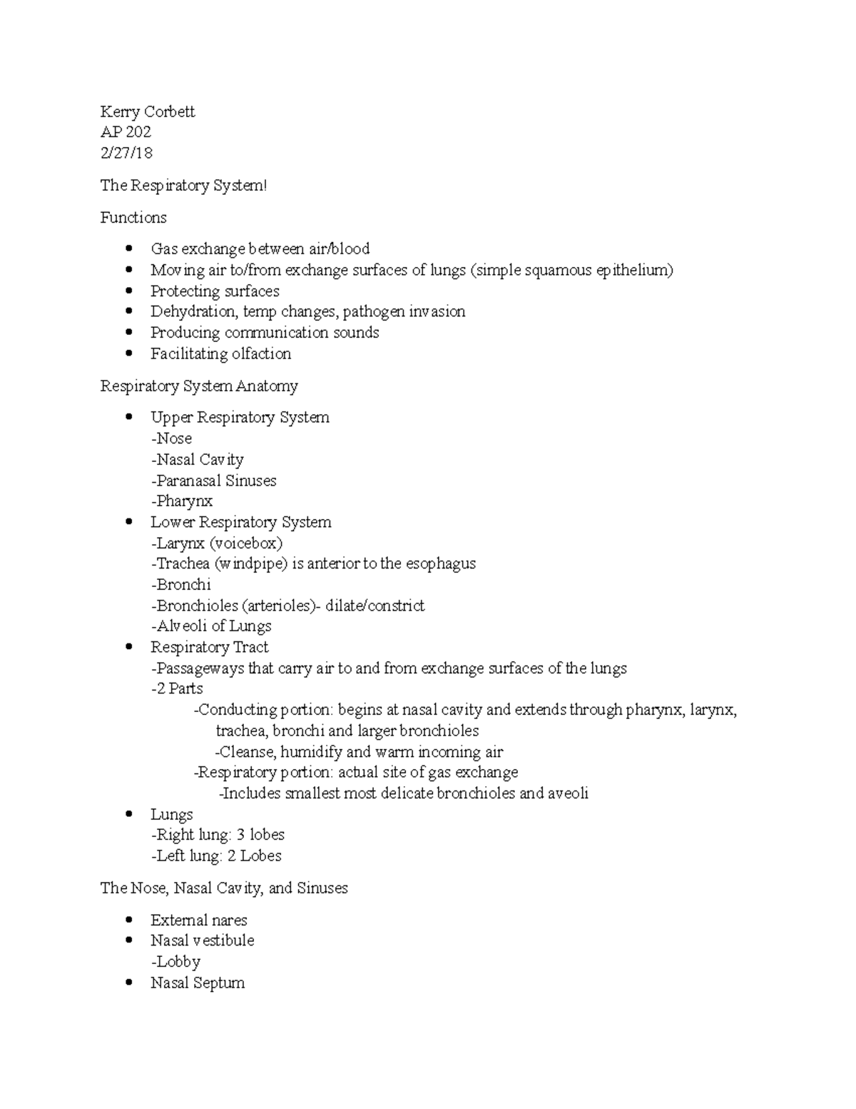 Respiratory System - Dr. Wireman - Kerry Corbett AP 202 2/27/18 The ...