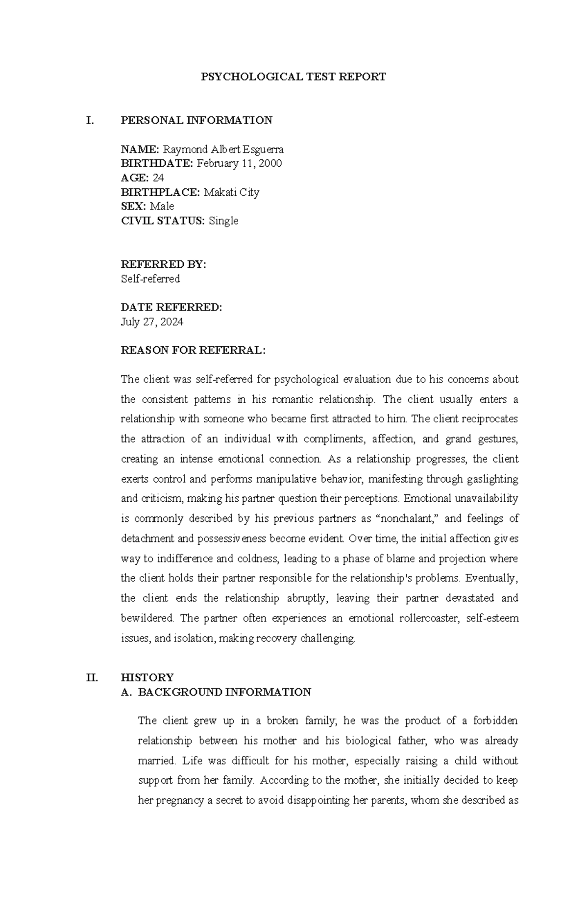 Psych test report - template - PSYCHOLOGICAL TEST REPORT I. PERSONAL ...