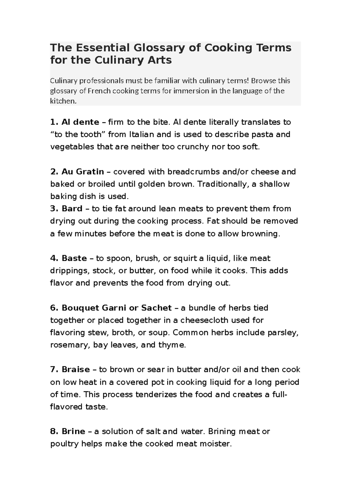 Cooking terms glossary, for students in Hotel services - The Essential ...