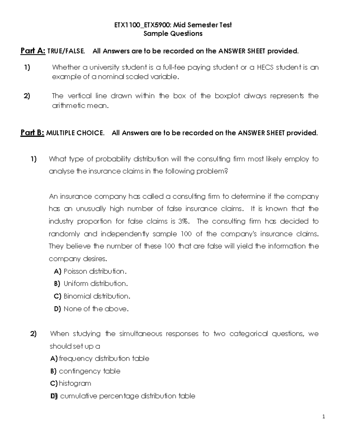 Sample Test Questions - 1 ETX1100_ETX5900: Mid Semester Test Sample ...