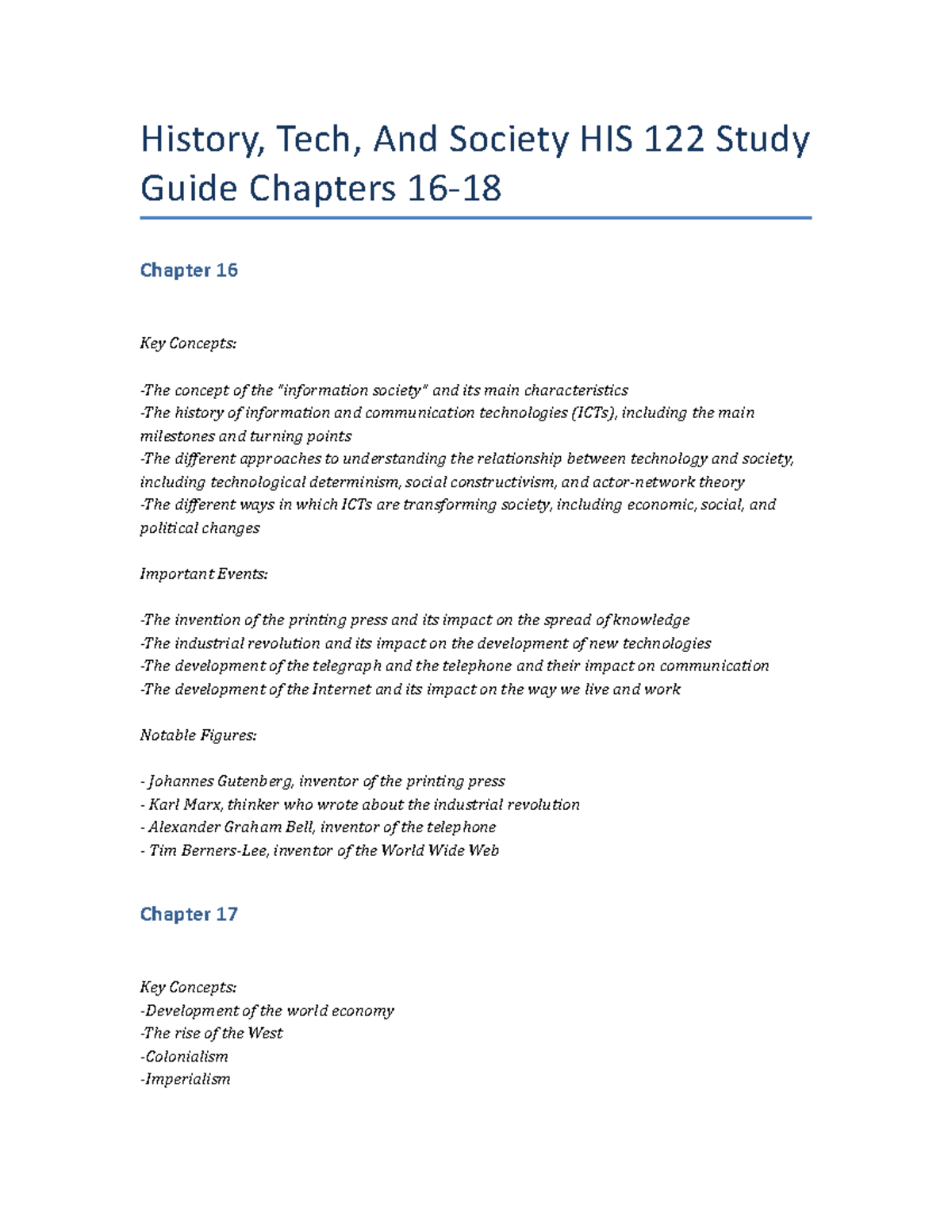 History, Tech, And Society HIS 122 Study Guide Chapters 16-18 - The ...