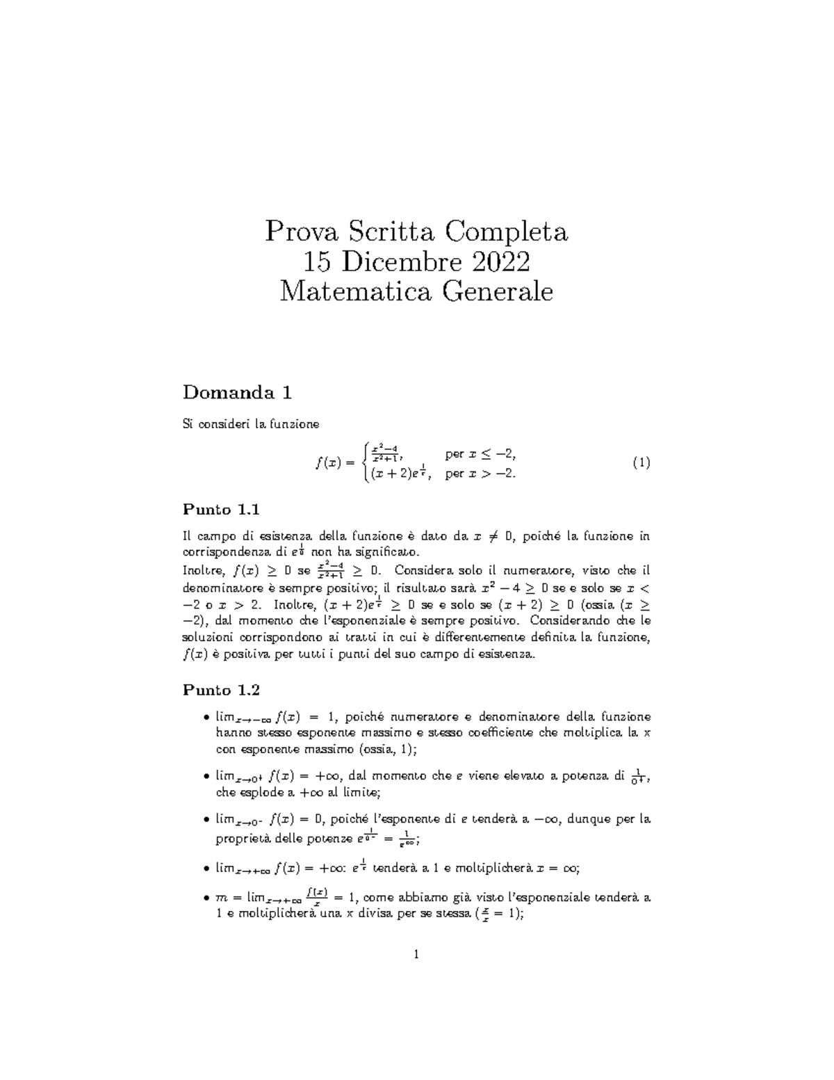 Prova esame 15dic - Prova Scritta Completa 15 Dicembre 2022 Matematica Generale Domanda 1 Si ...
