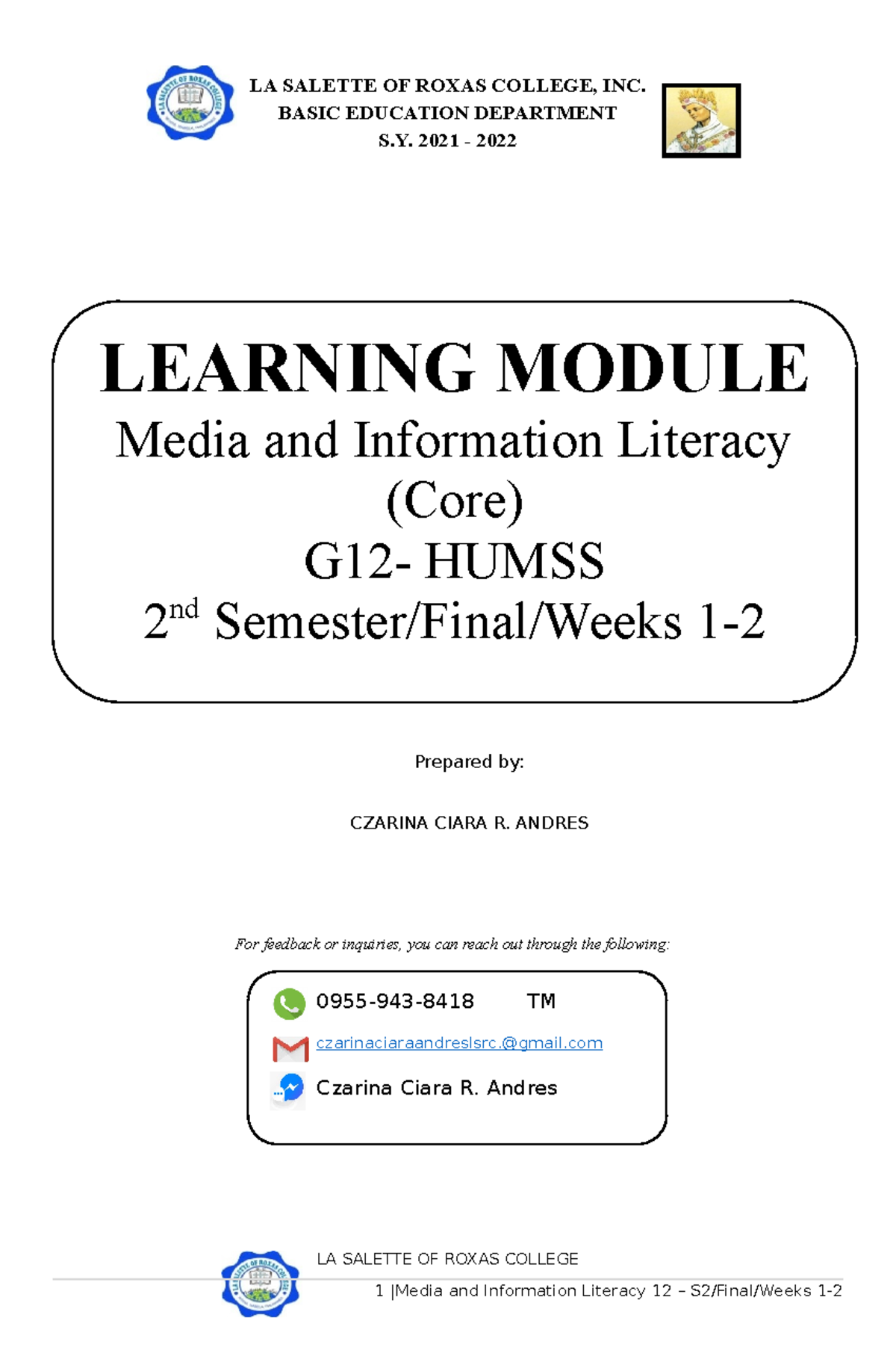 Learning Module (MIL 12) S2FTW1-2 - LA SALETTE OF ROXAS COLLEGE, INC ...