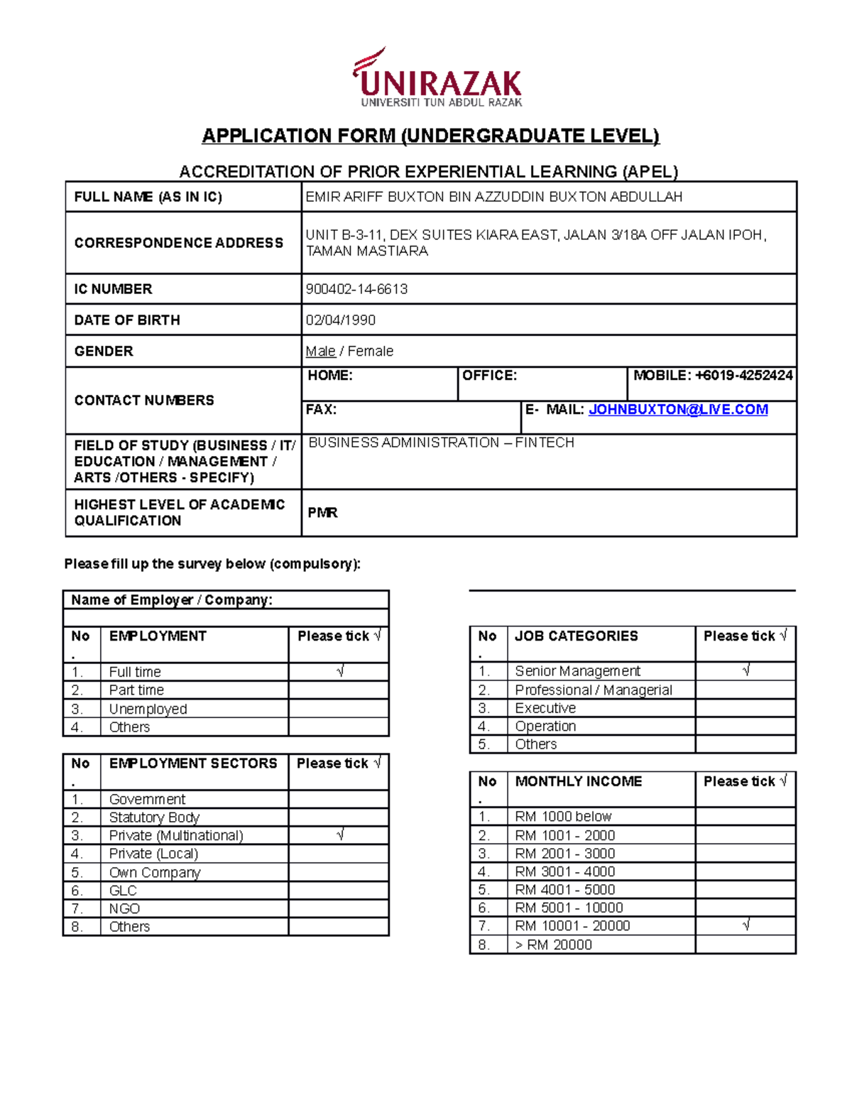 FM-CCE-010 APEL Unirazak Application Form (Undergraduate) - APPLICATION ...