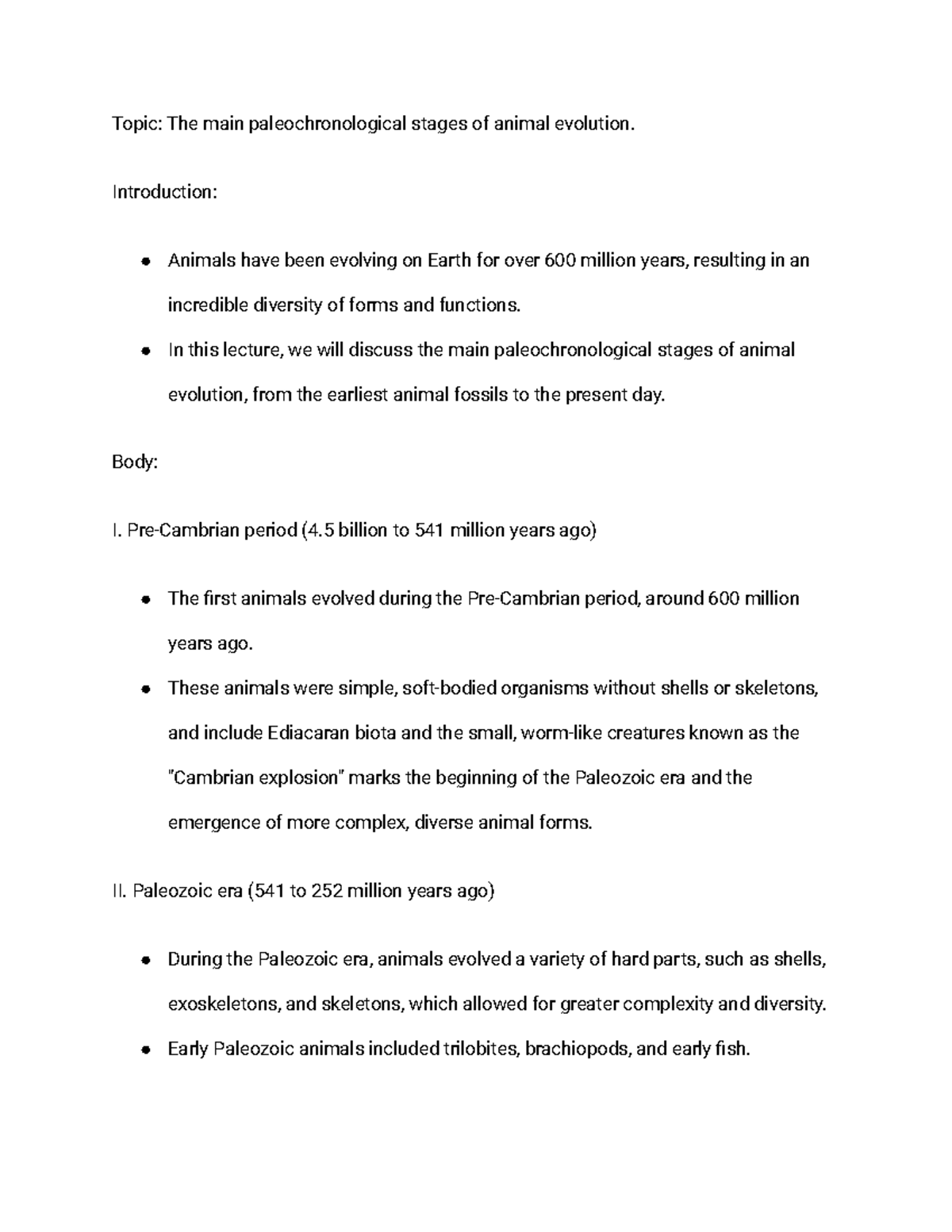 Topic The main paleochronological stages of animal evolution ...