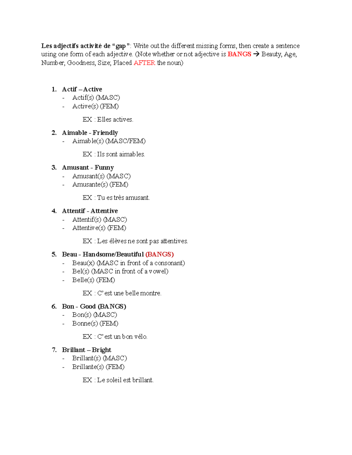 French III - Les adjectifs gap activity - Les adjectifs activité de ...