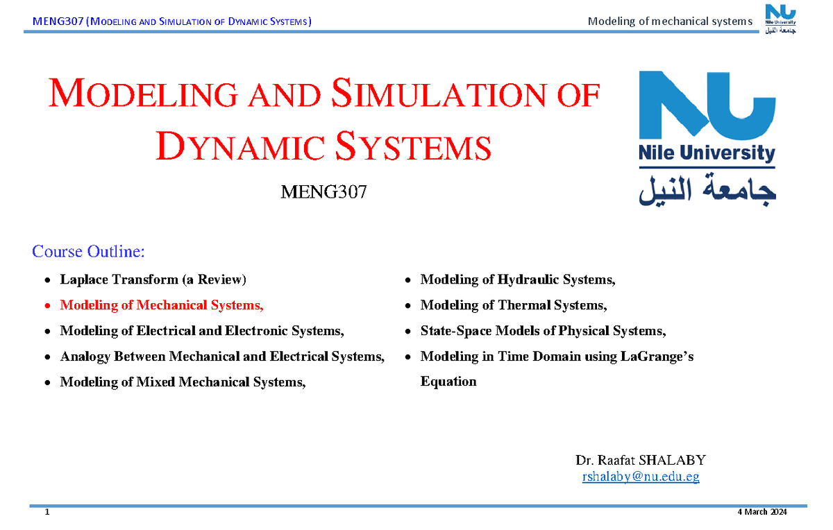 02 Mechanical Systems 1 - M ODELING AND SIMULATION OF D YNAMIC S YSTEMS ...