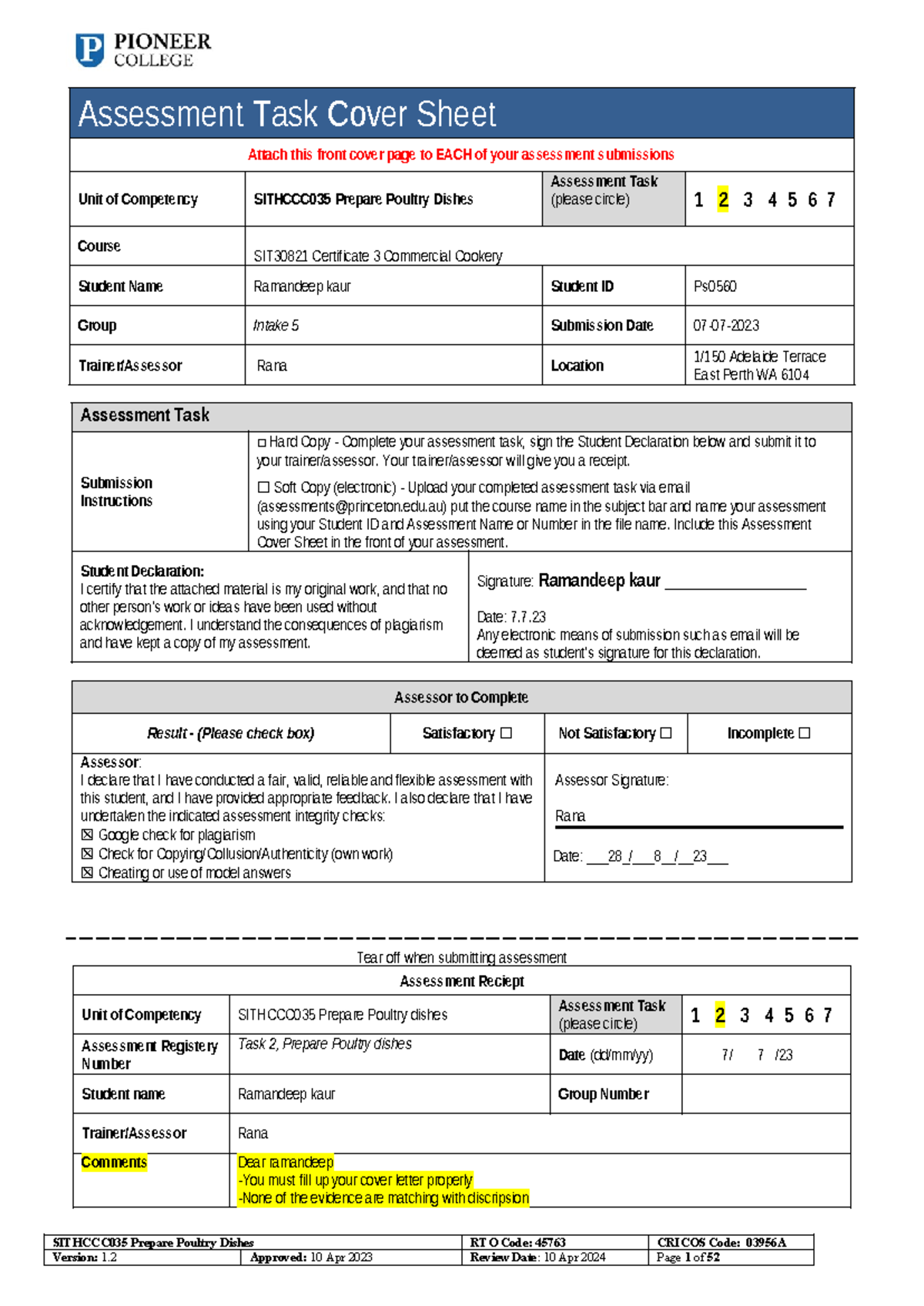 Sithccc 035 Assessment Task 2 (NS) - Assessment Task Cover Sheet Attach ...