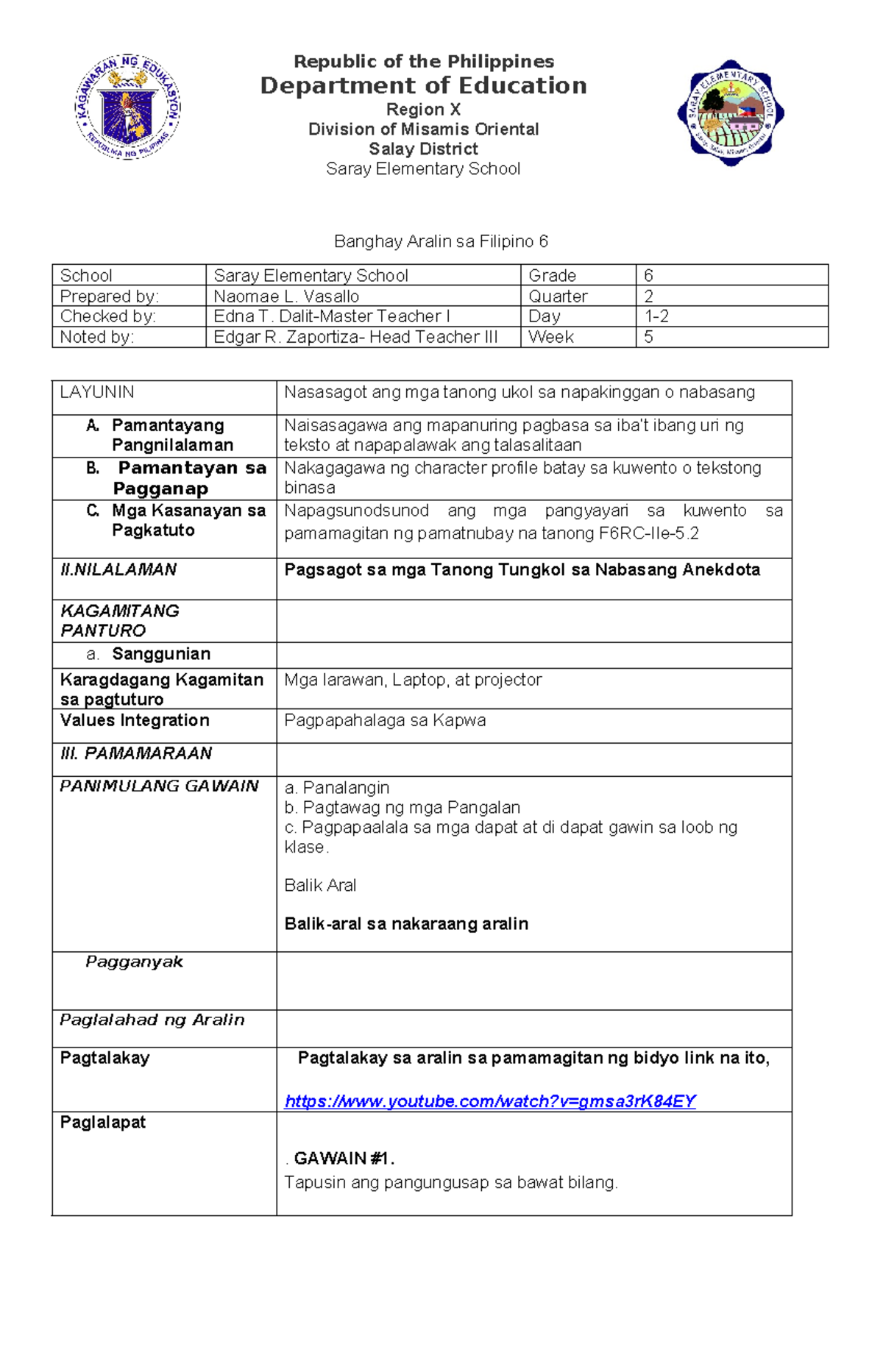 Filipino 6 Lesson Plan Q2W5 - Republic of the Philippines Department of ...