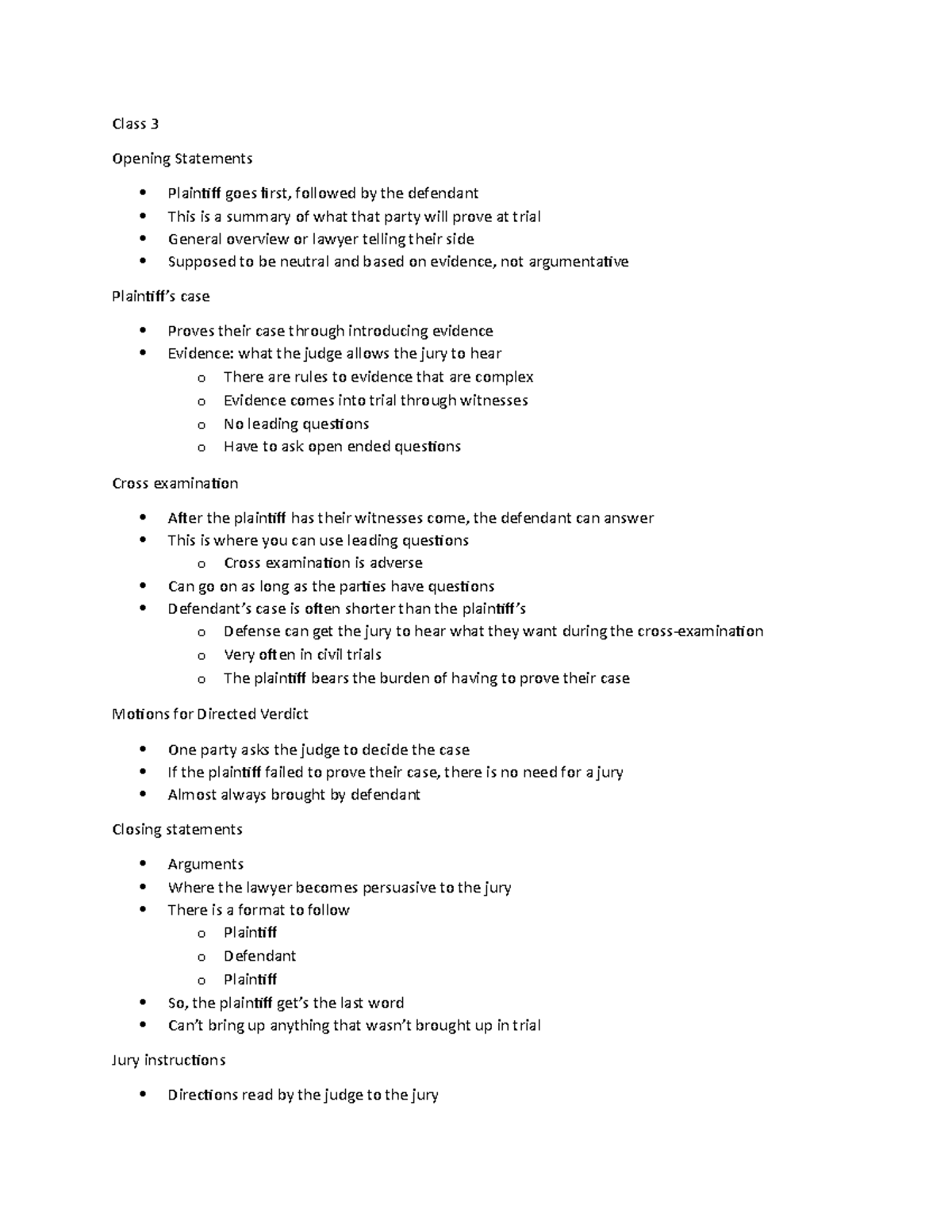 Business Law Class 3 Notes - Class 3 Opening Statements Plaintiff goes ...