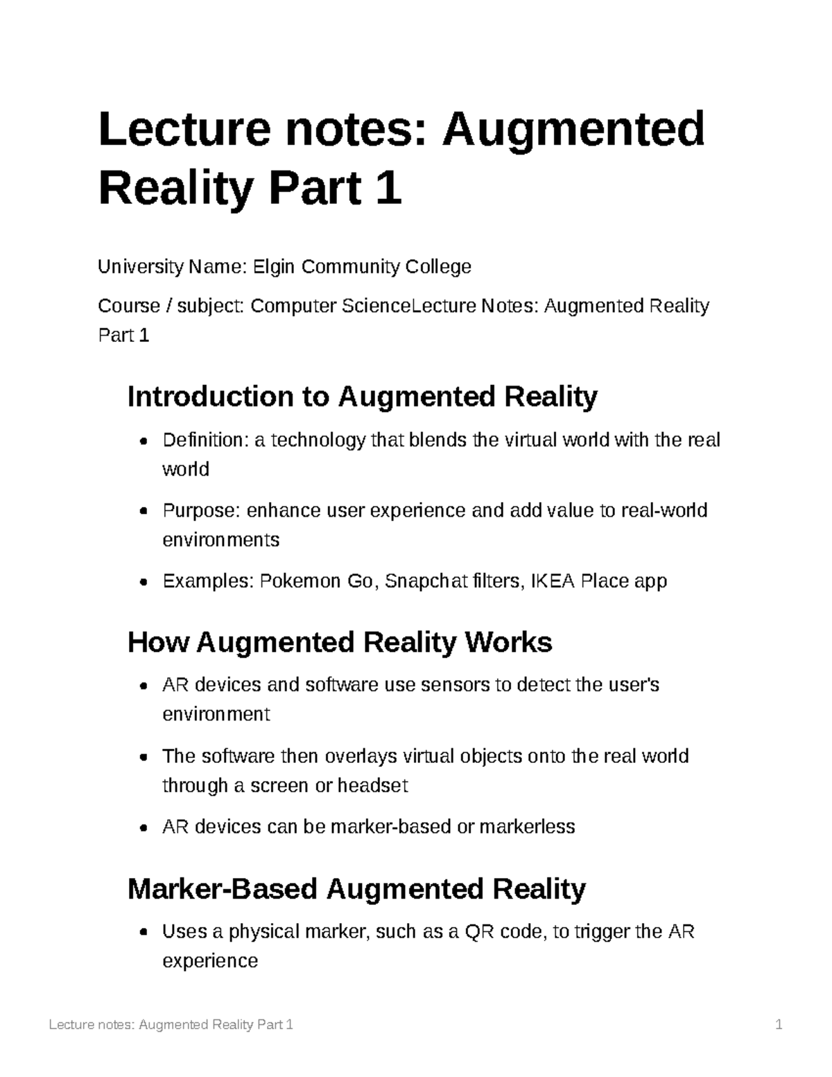 Lecture Notes Augmented Reality Part 1 Lecture Notes Augmented Reality Part 1 University Name