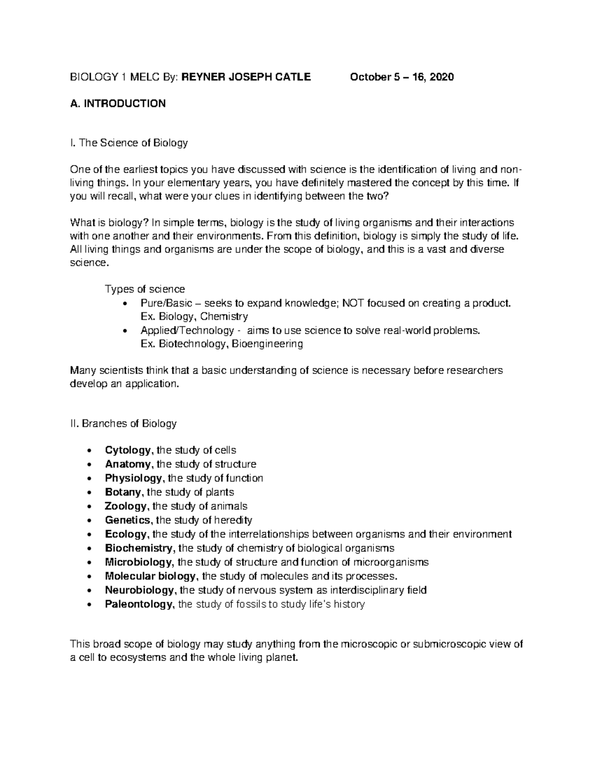 Biology 1 MELC module - BIOLOGY 1 MELC By: REYNER JOSEPH CATLE October ...